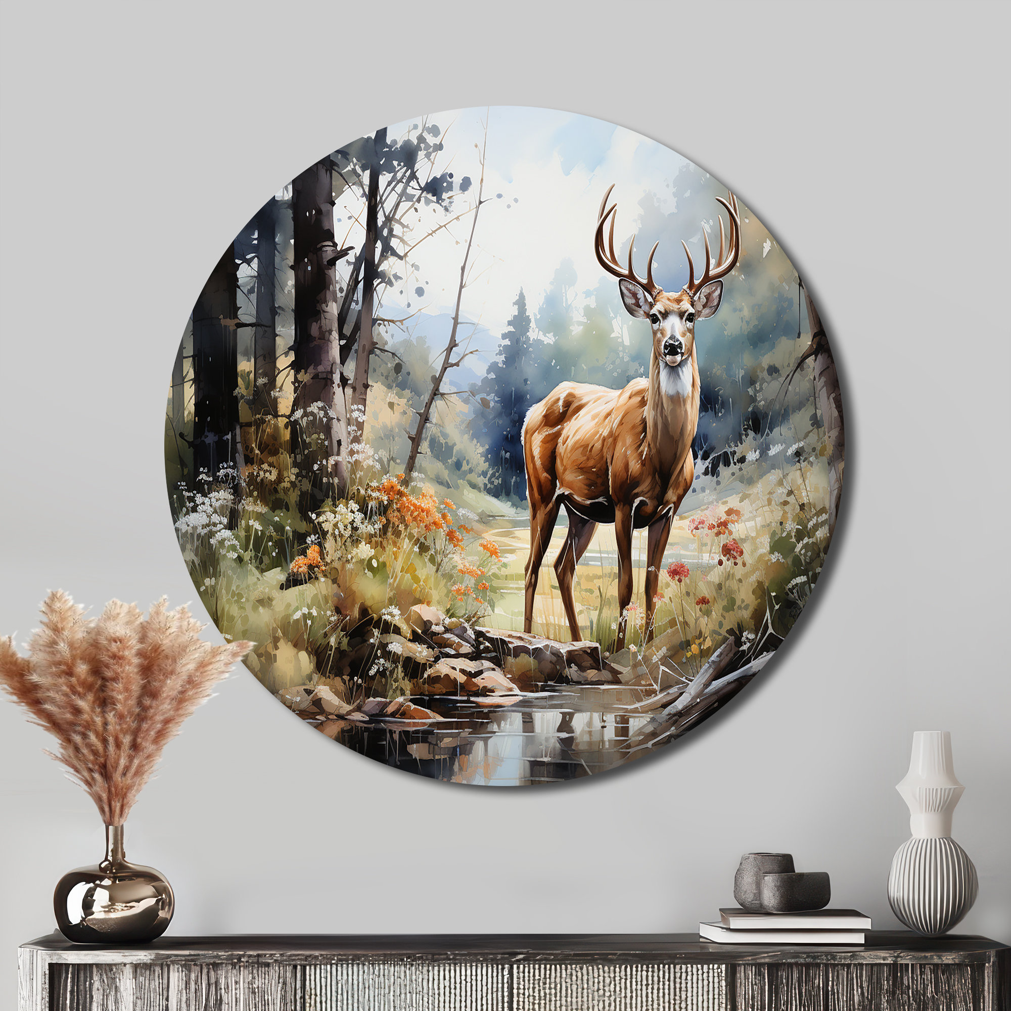 Millwood Pines Deer Graceful Grazing - Animals Round Metal Art | Wayfair