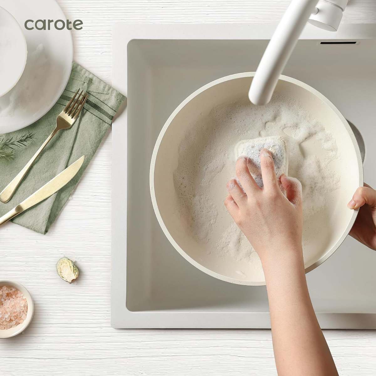 CAROTE 18-Piece Nonstick Cookware Set with Detachable Handle, White ...