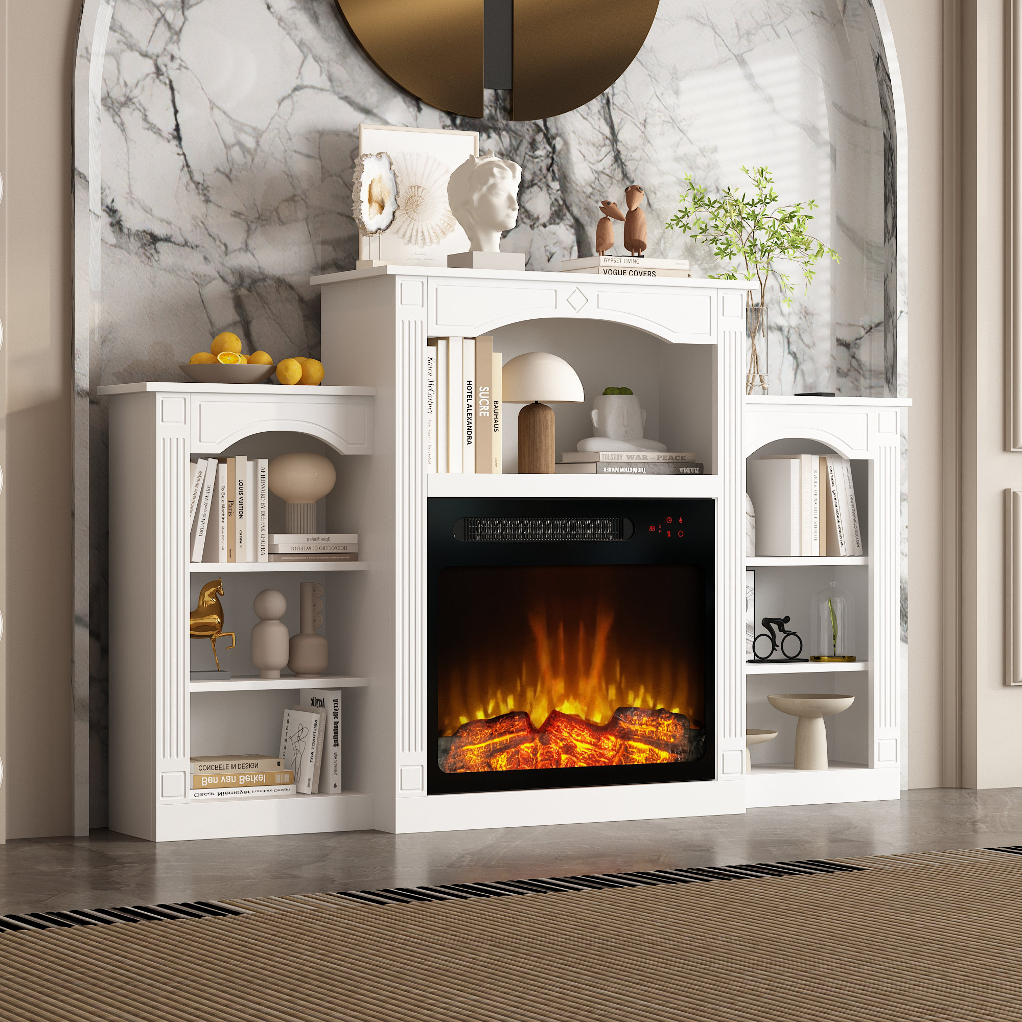 Lark Manor™ 59'' W White Fireplace Heater TV Stand With Open Shelves ...