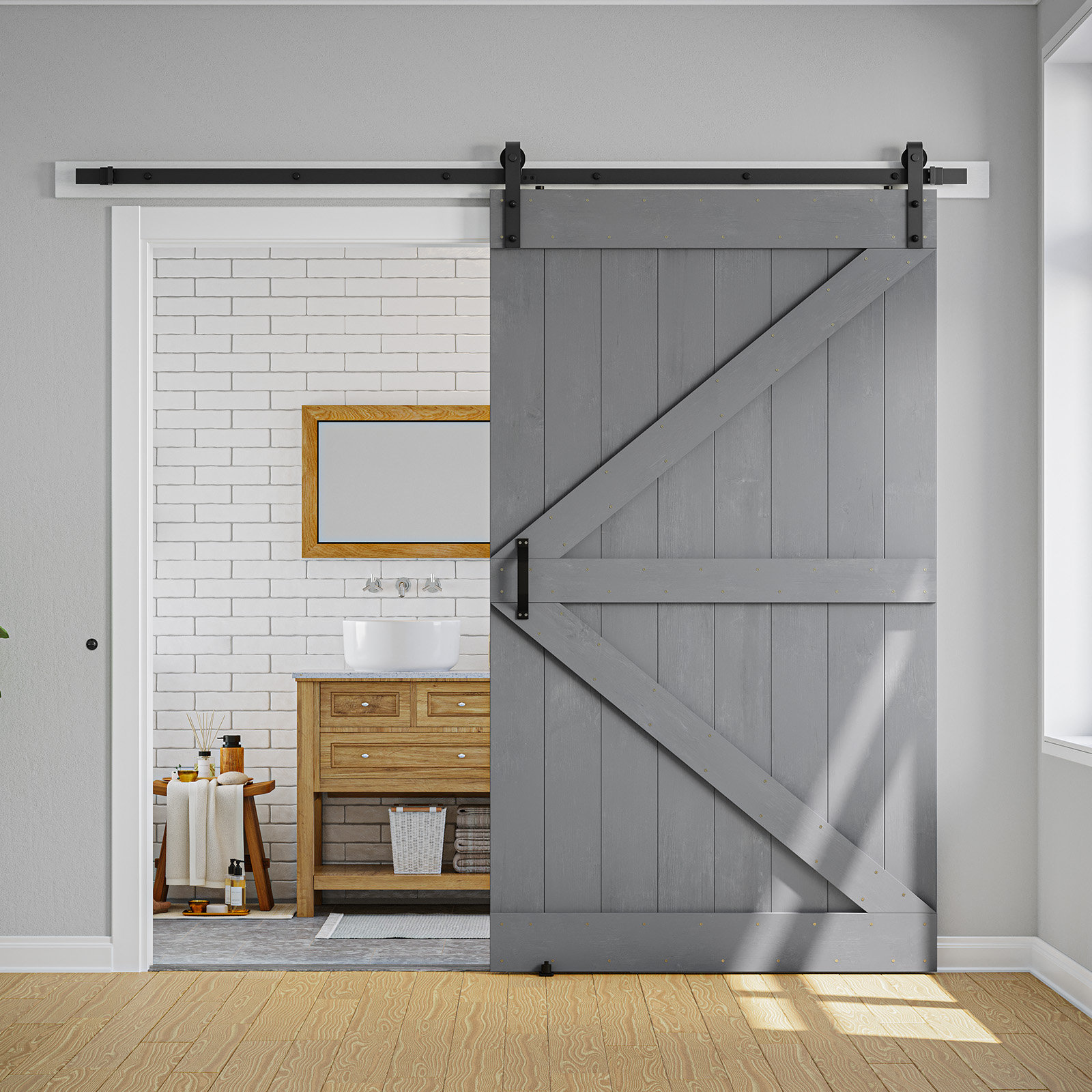 LDB_BUILDING Solid Wood Paneled Barn Door with Installation Hardware ...