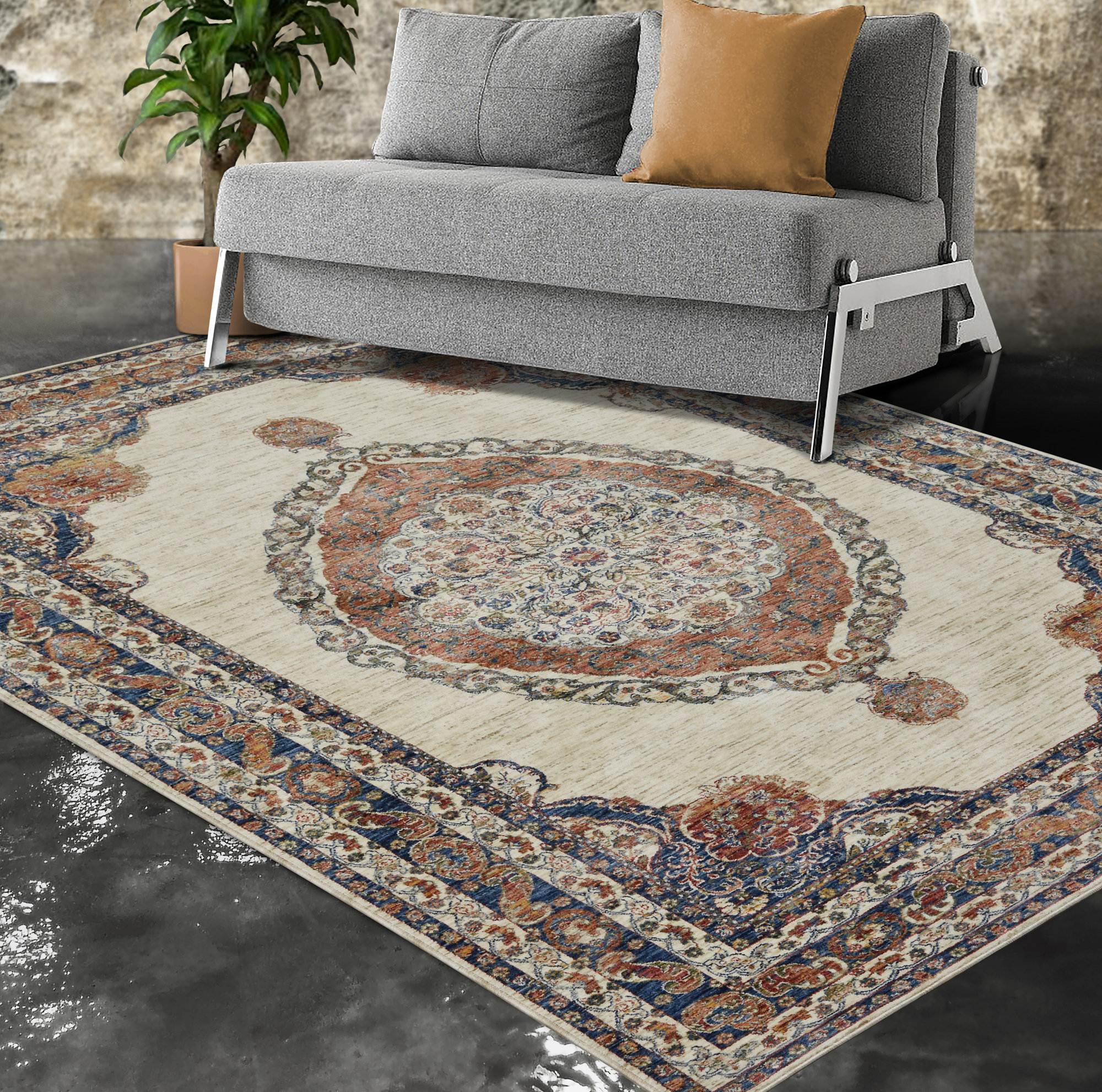 Astoria Grand Allstar 5X7 Traditional Accent Rug In Ivory With Navy ...