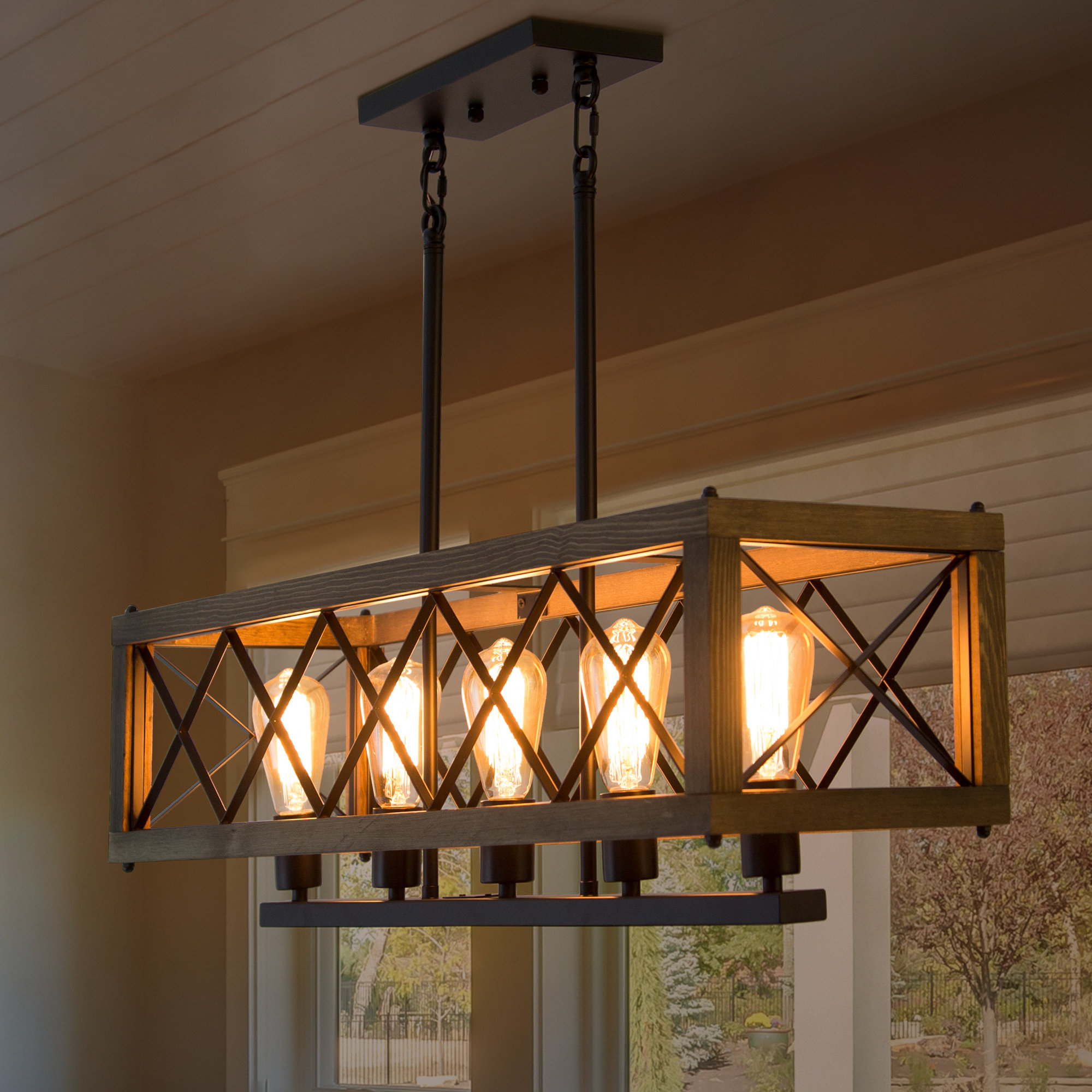 Gracie Oaks Holbert 5 - Light Rectangle Wood Metal Pendant Light ...