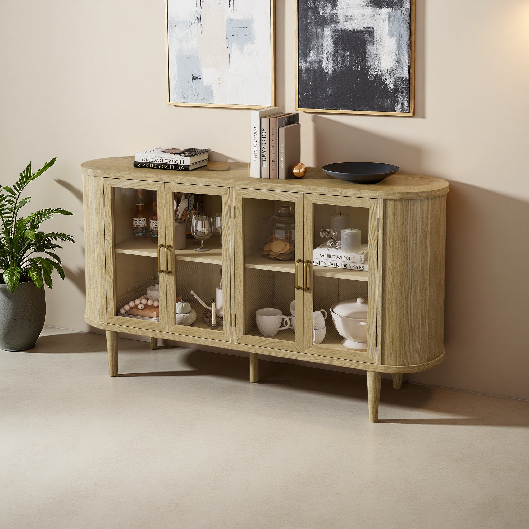 Ebern Designs Farmhouse Sideboard Cabinet With Storage, Wood Buffet Cabinet With Glass Doors And ...