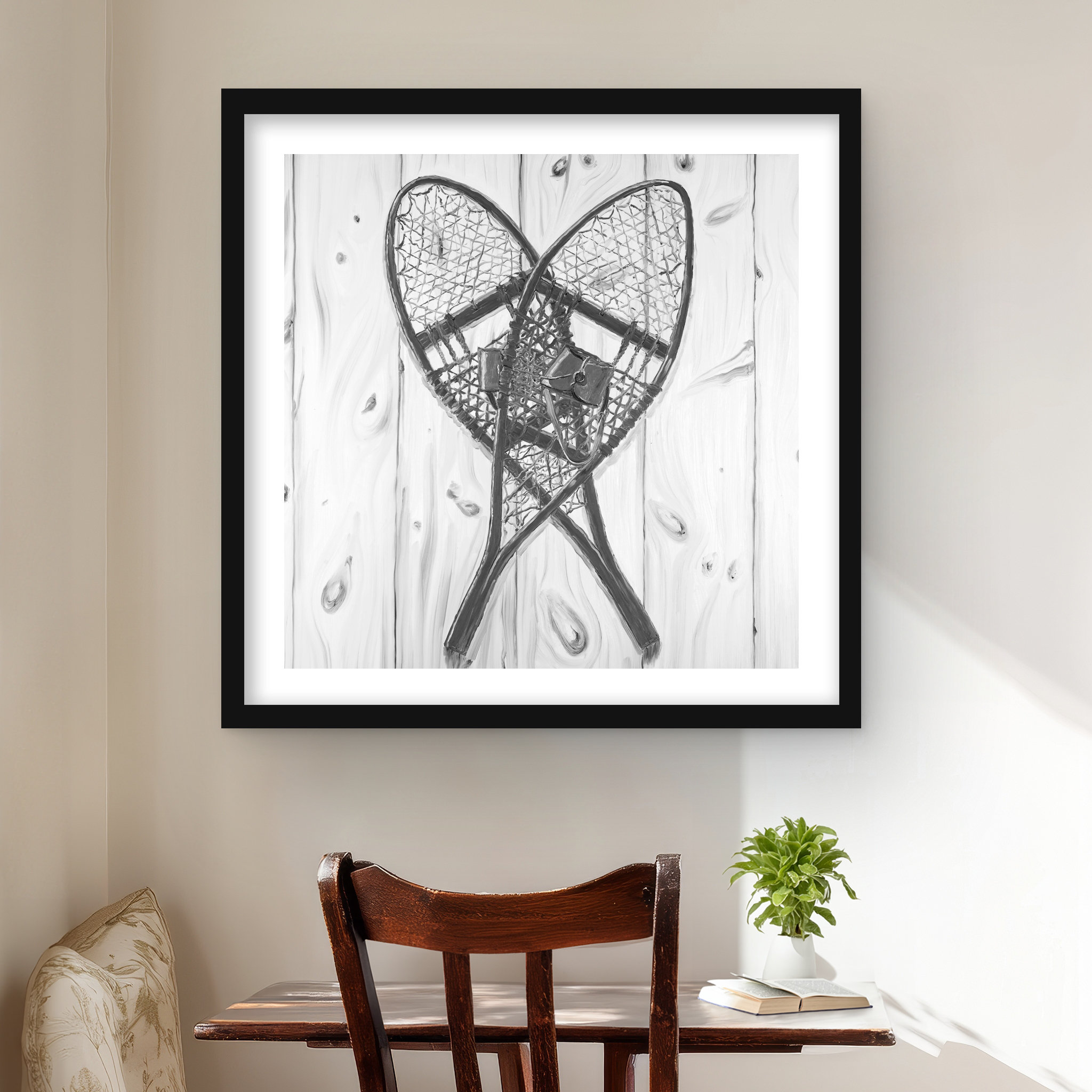Lark Manor™ Vintage Monochrome Wood Snowshoes Print | Home Decor Art ...