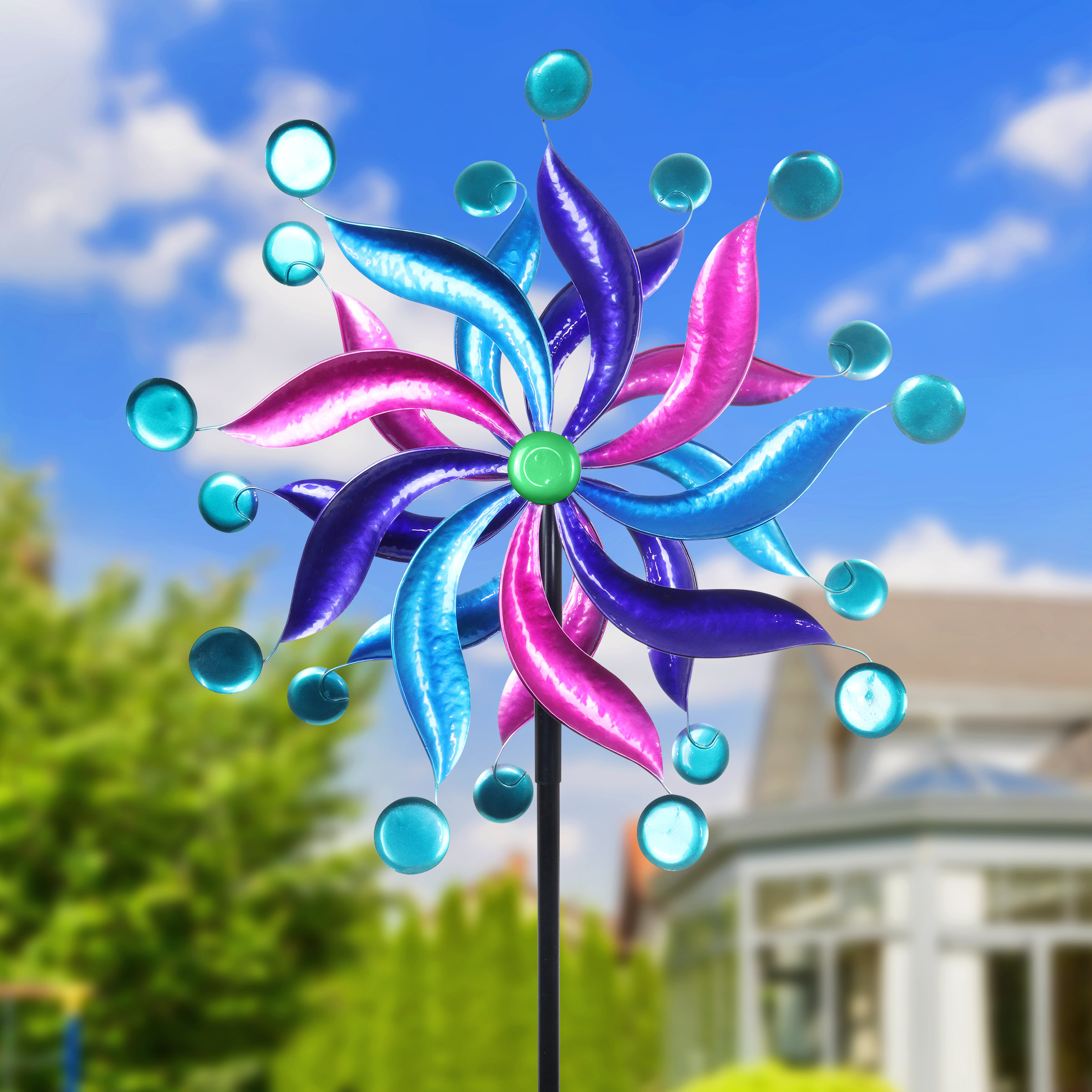 Exhart Kinetic Double Pinwheel Spinner Garden Stake, 24 by 84 Inches ...