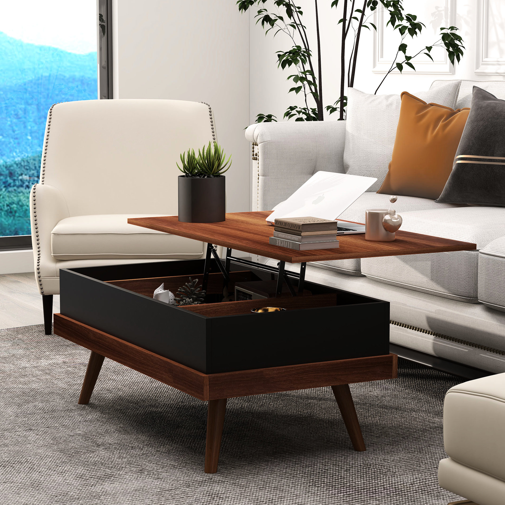 Ophelia & Co. Walnut Lift Top Coffee Table, 39.69", Hidden Compartments ...