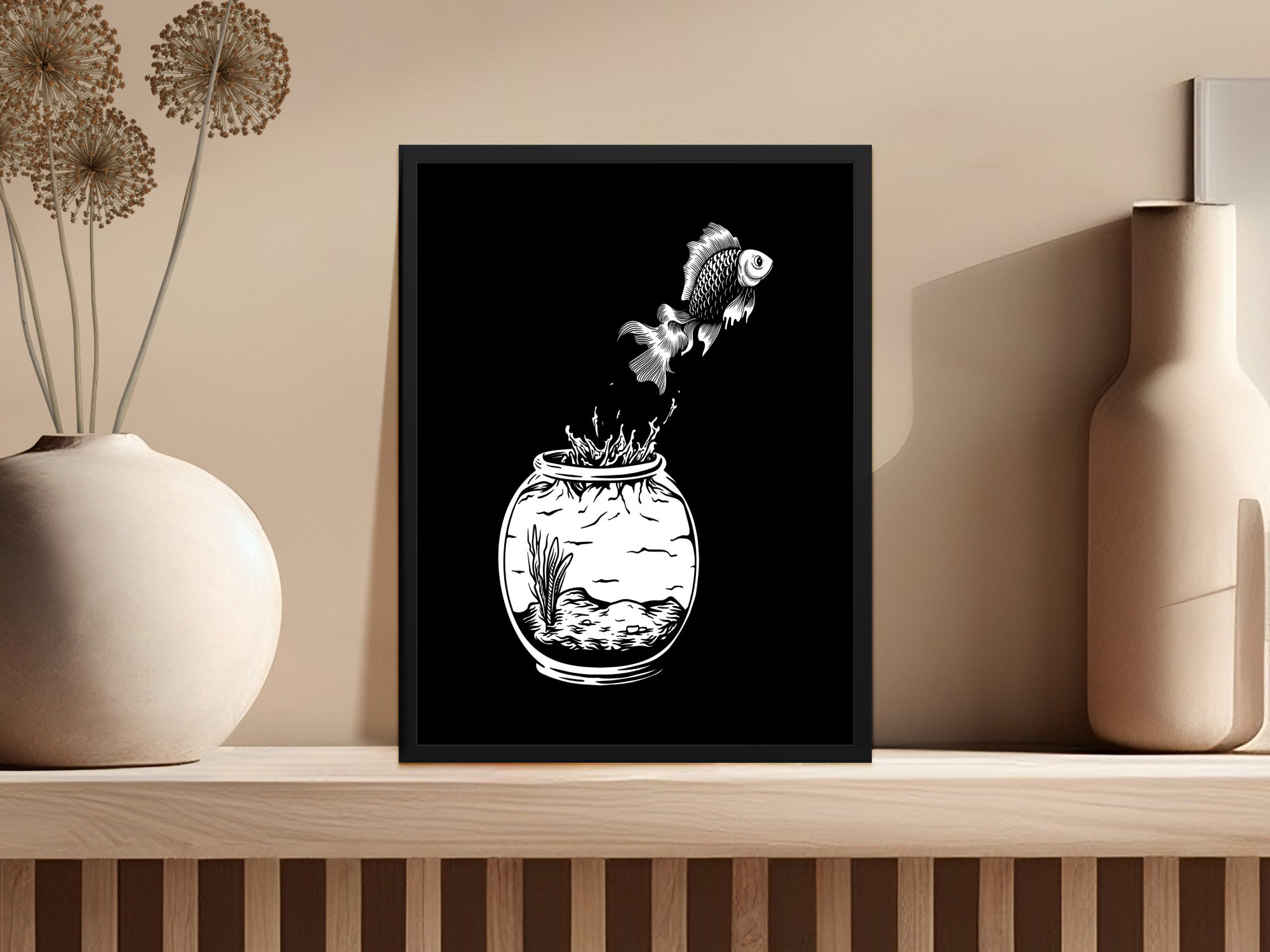 Lark Manor Fish Leaping Out of Bowl Illustration Print Framed Poster ...