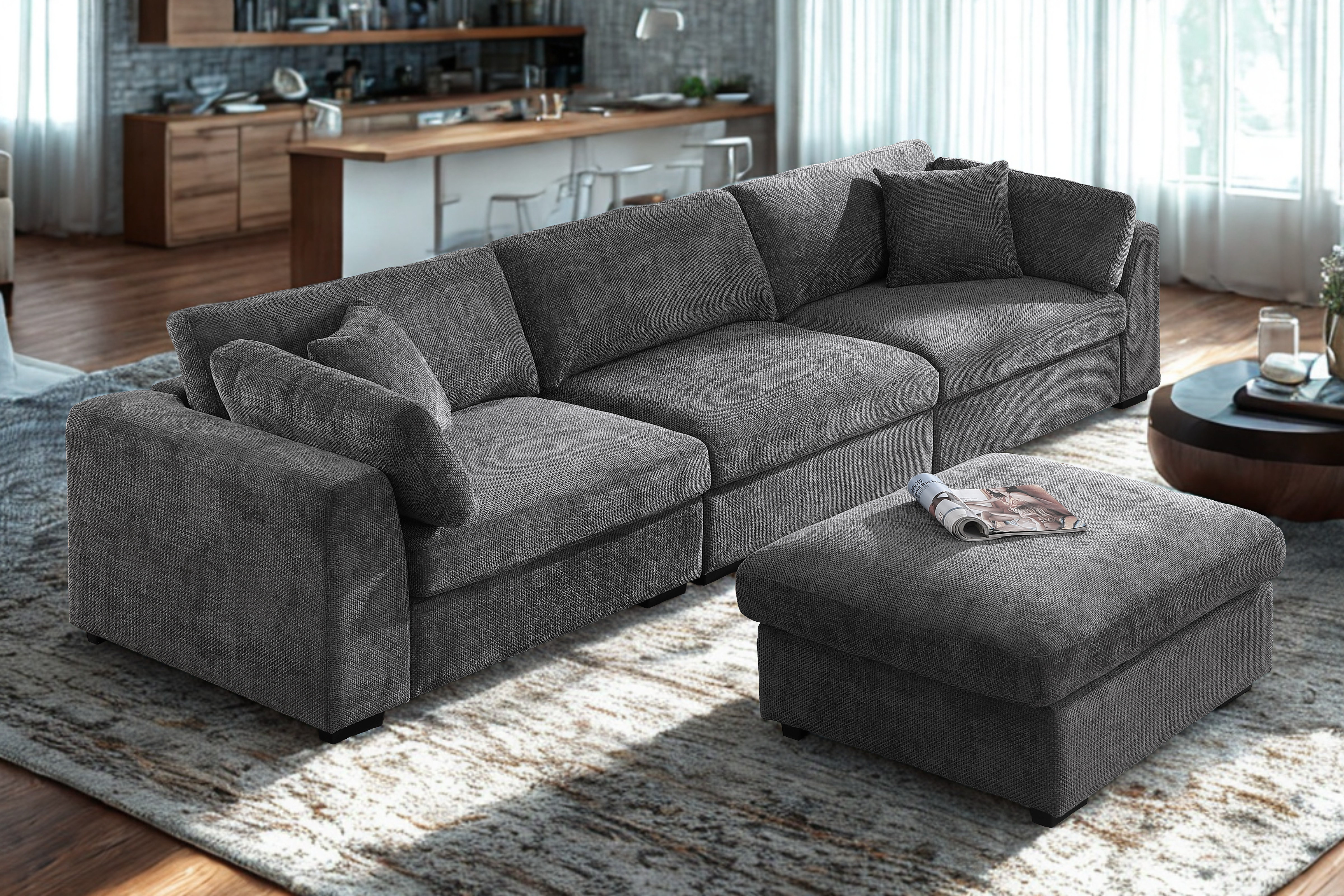Latitude Run® Luis Upholstered Wide Modular Sofa 3-seat With Ottoman ...