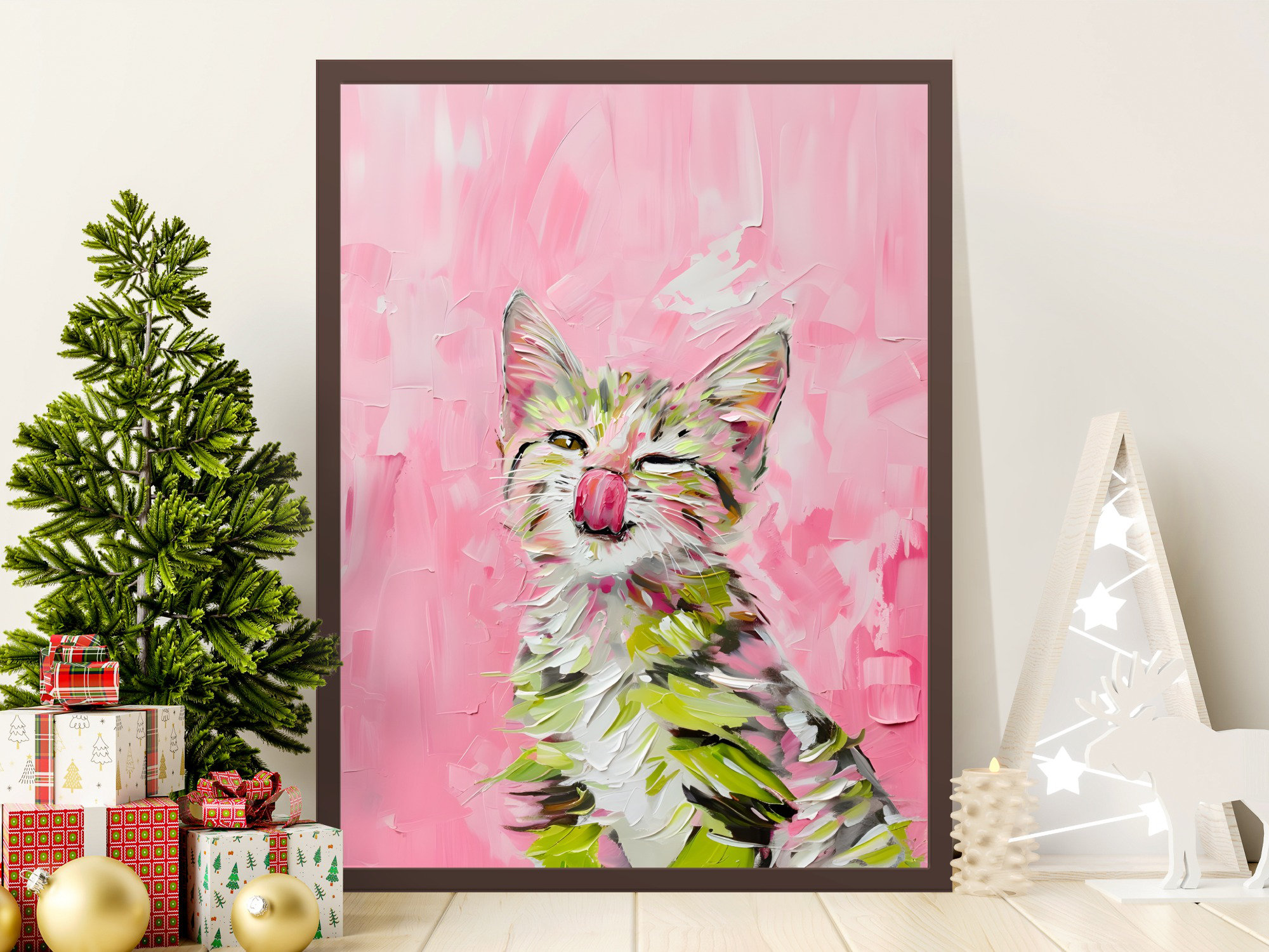 Happy Larry Winking Cat Wall Art, Pink Kitten Decor, Funny Animal Print ...