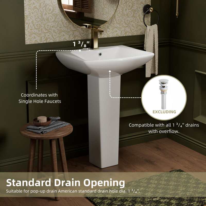 Los Flexi 24" x 19" Ceramic Rectangular Pedestal Sink with Overflow ...