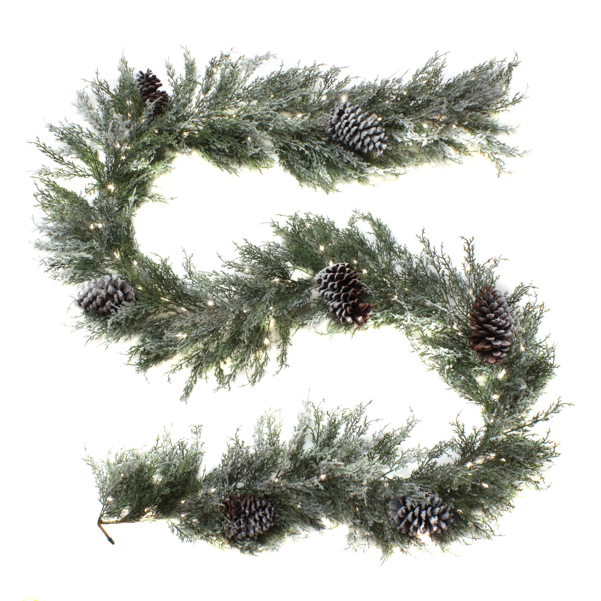 The Holiday Aisle® 9 ft. Pre-Lit Snowy Christmas Garland with Pinecones ...