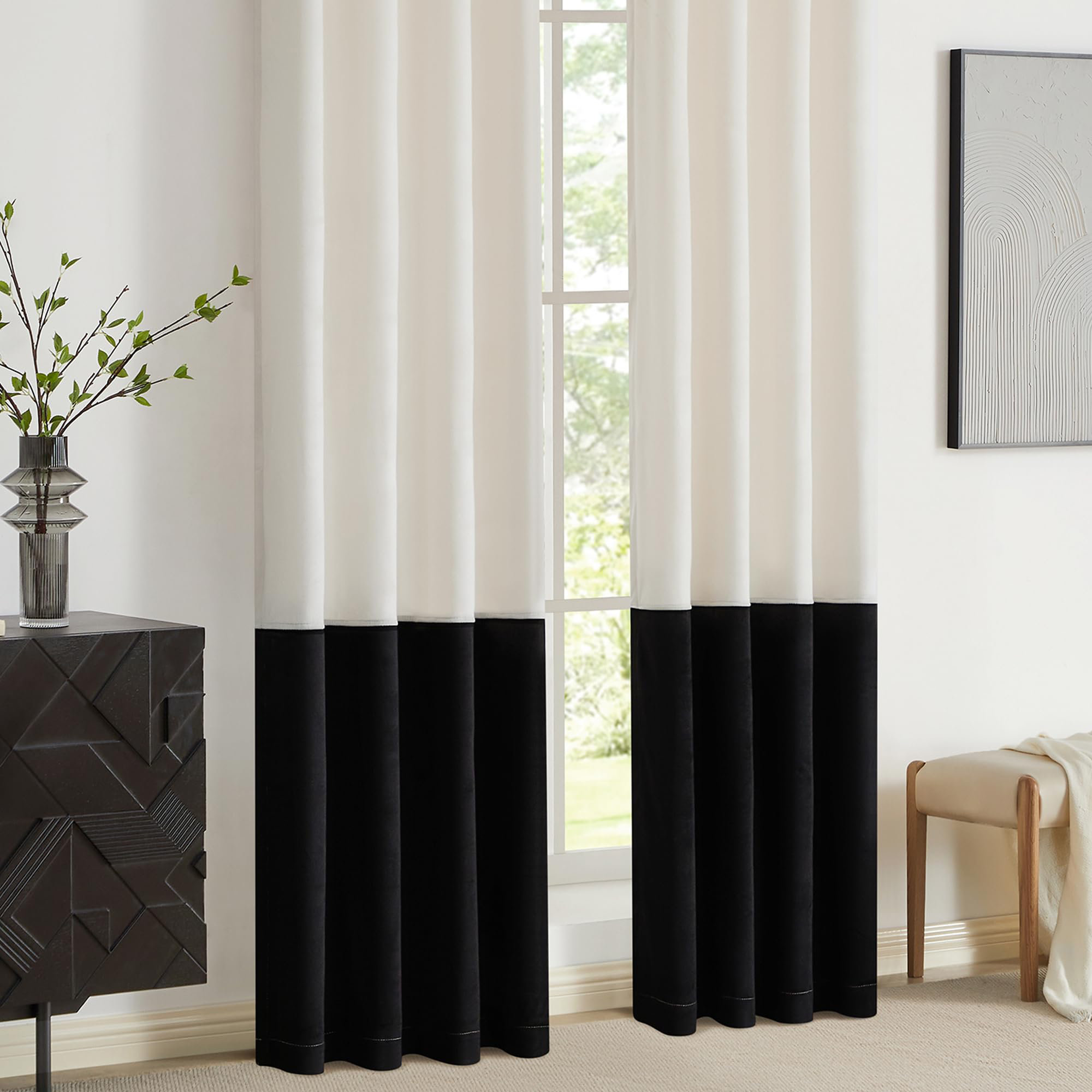 Mercer41 Cream Black Color Block Window Curtains Panels 96 Inches Long ...