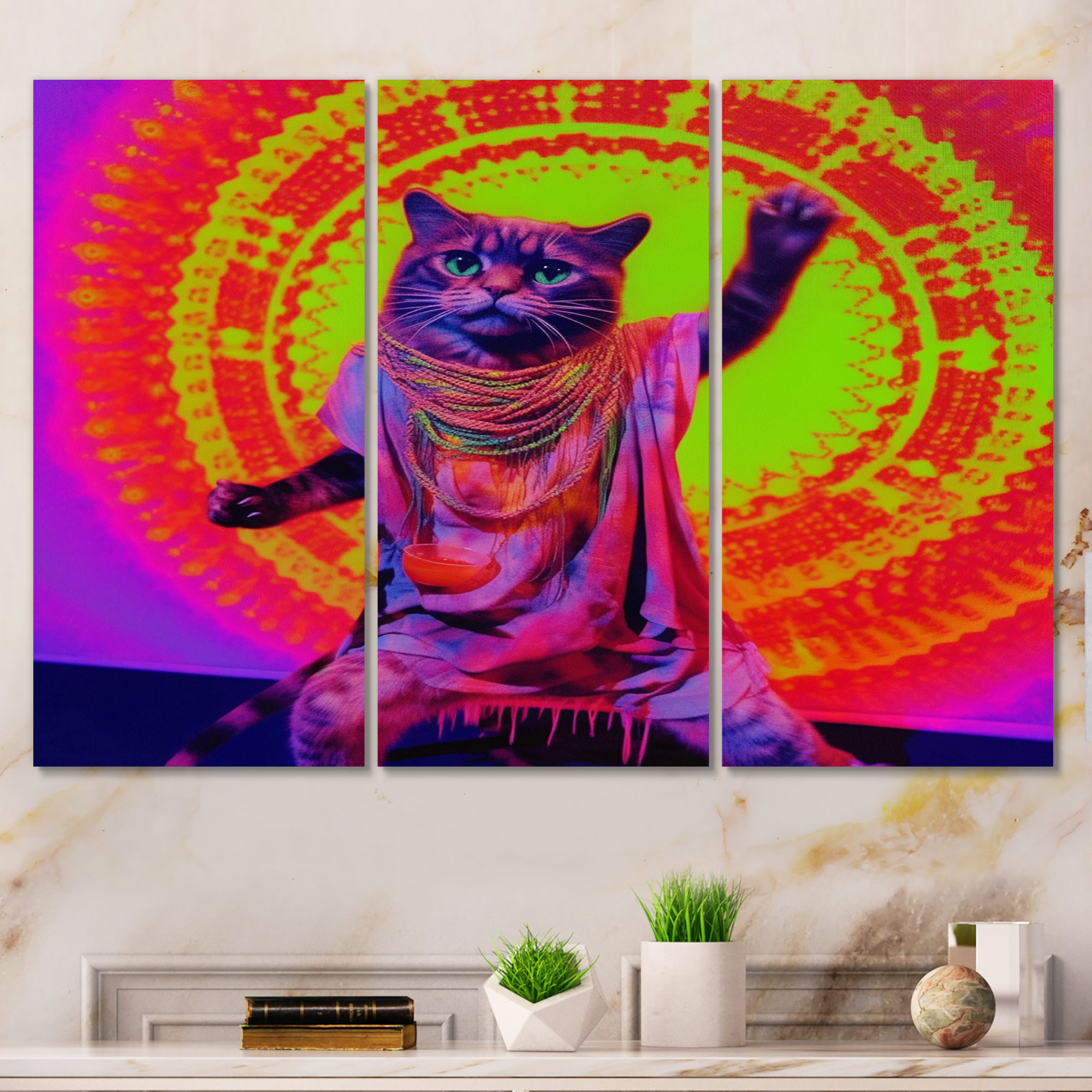 Design Art Rave Cat In Pink Neon - Animals Cat Canvas Wall Art Set ...