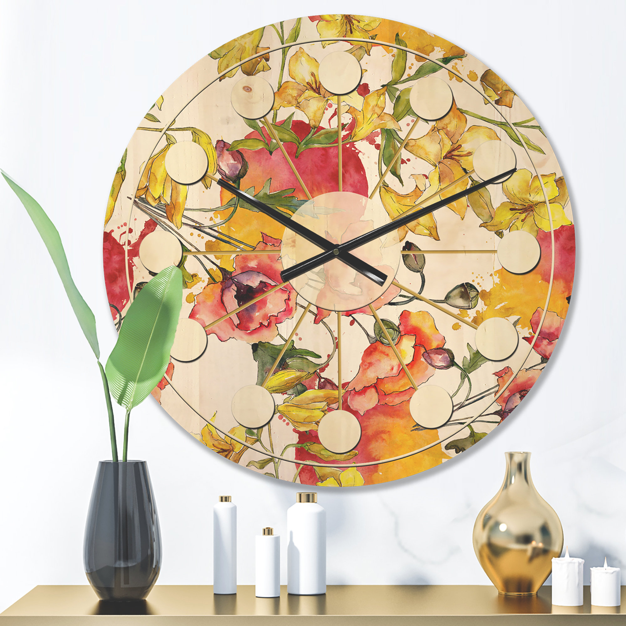 East Urban Home Retro Poppies IV - Mid-Century Modern Wood Wall Clock ...