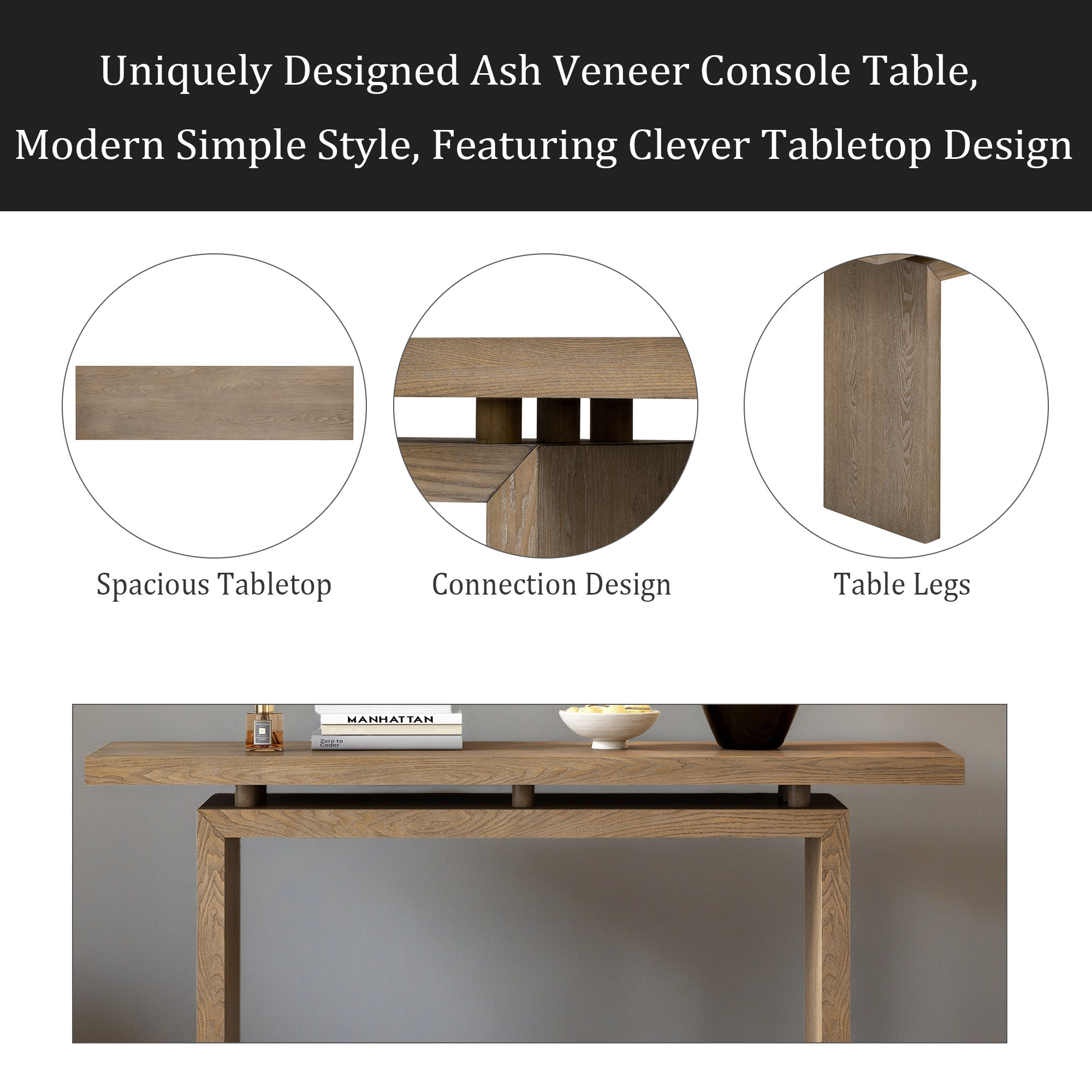 Latitude Run® Uniquely Designed Ash Veneer Console Table, Modern Simple ...