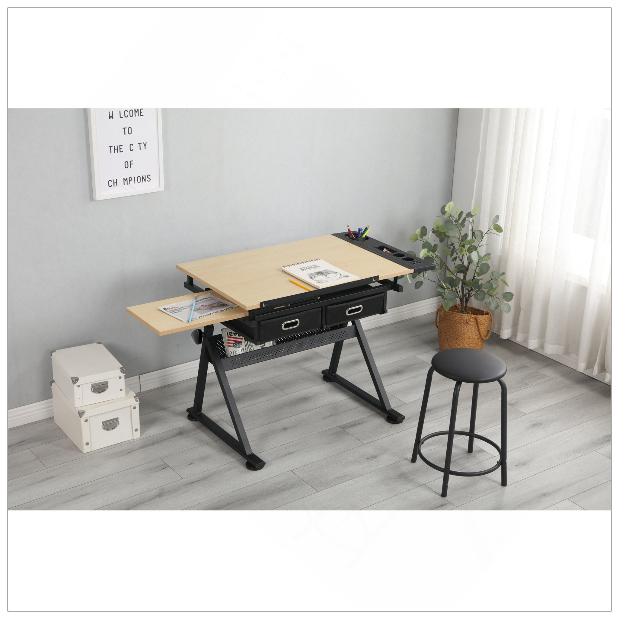 17 Stories Versatile Adjustable Drafting Table Desk With Stool For Home ...