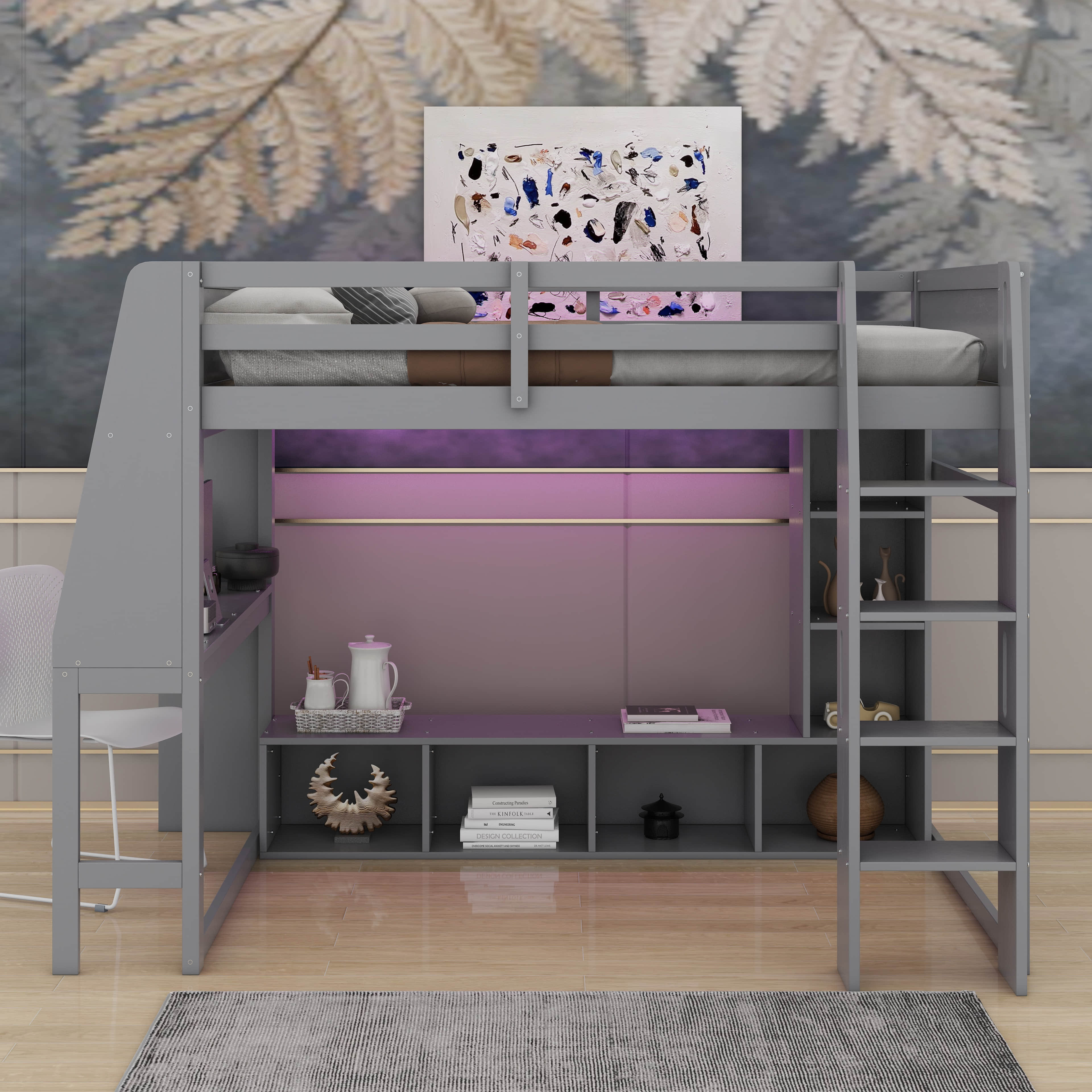 Latitude Run® Wood Gaming Loft Bed With Desk, Multi-Storage Shelves ...