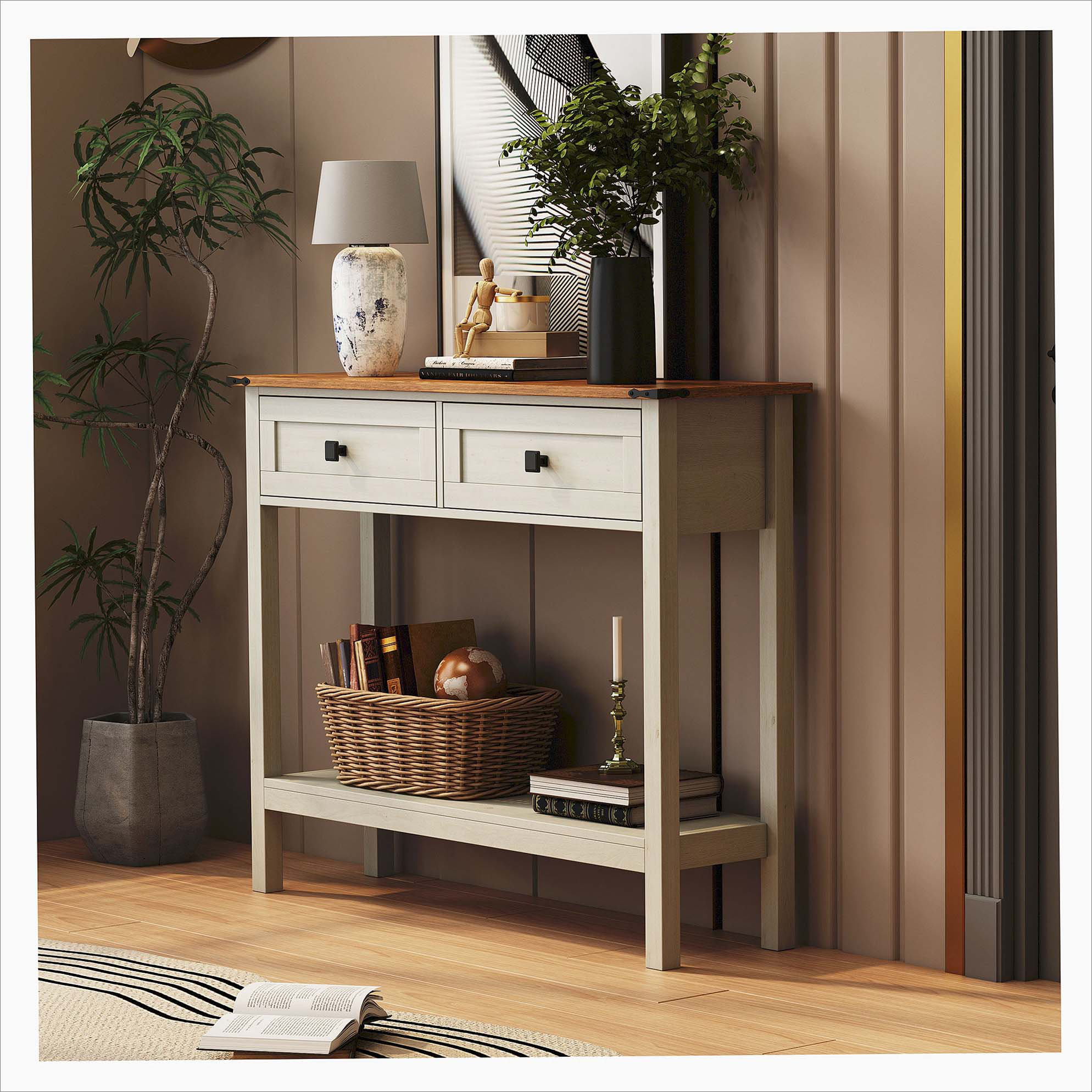 Lark Manor Farmhouse Style Console Table with 2 Drawer and Bottom ...