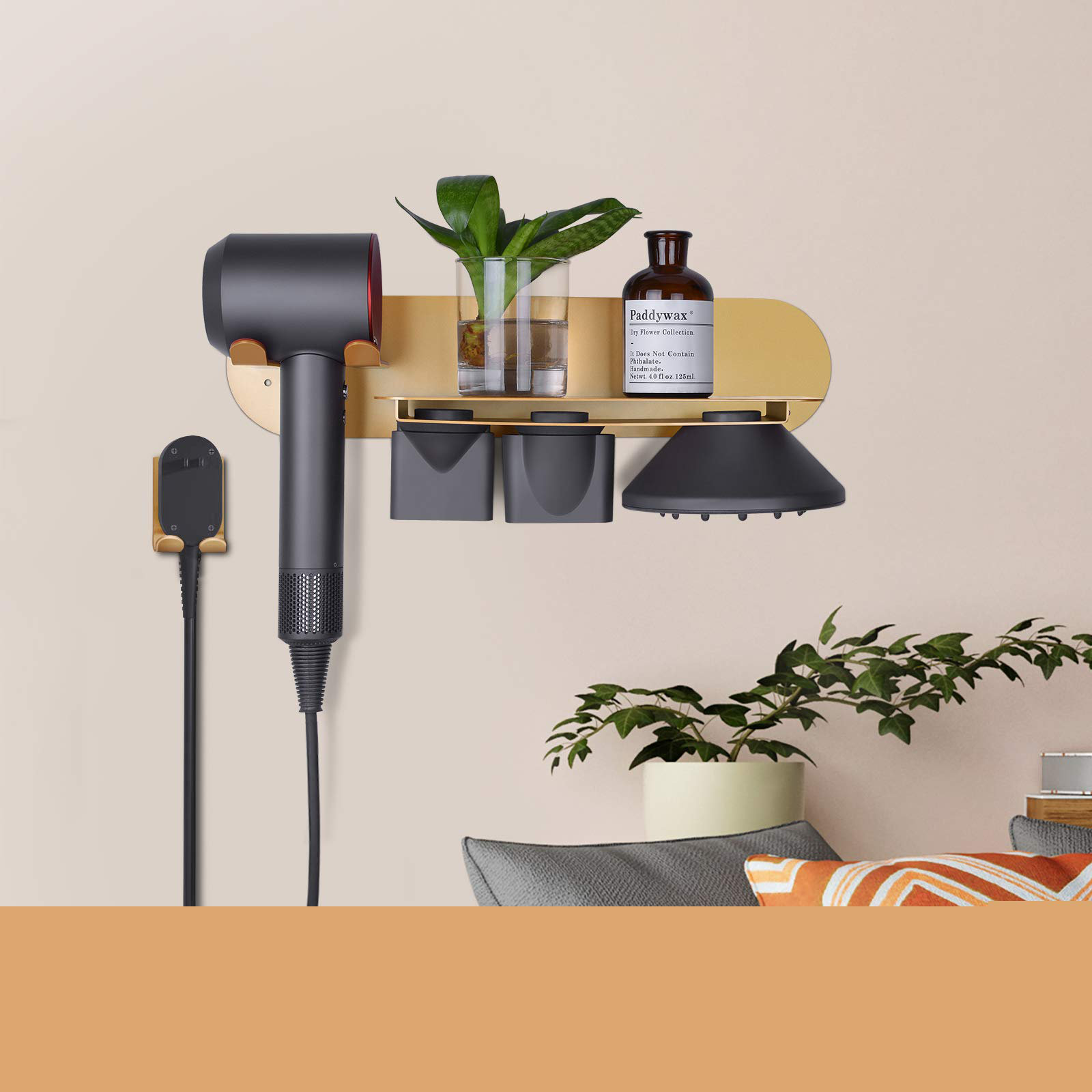 Everly Quinn Wall Mounted Hair Dryer Stand With Shelf, Hair Dryer Stand ...