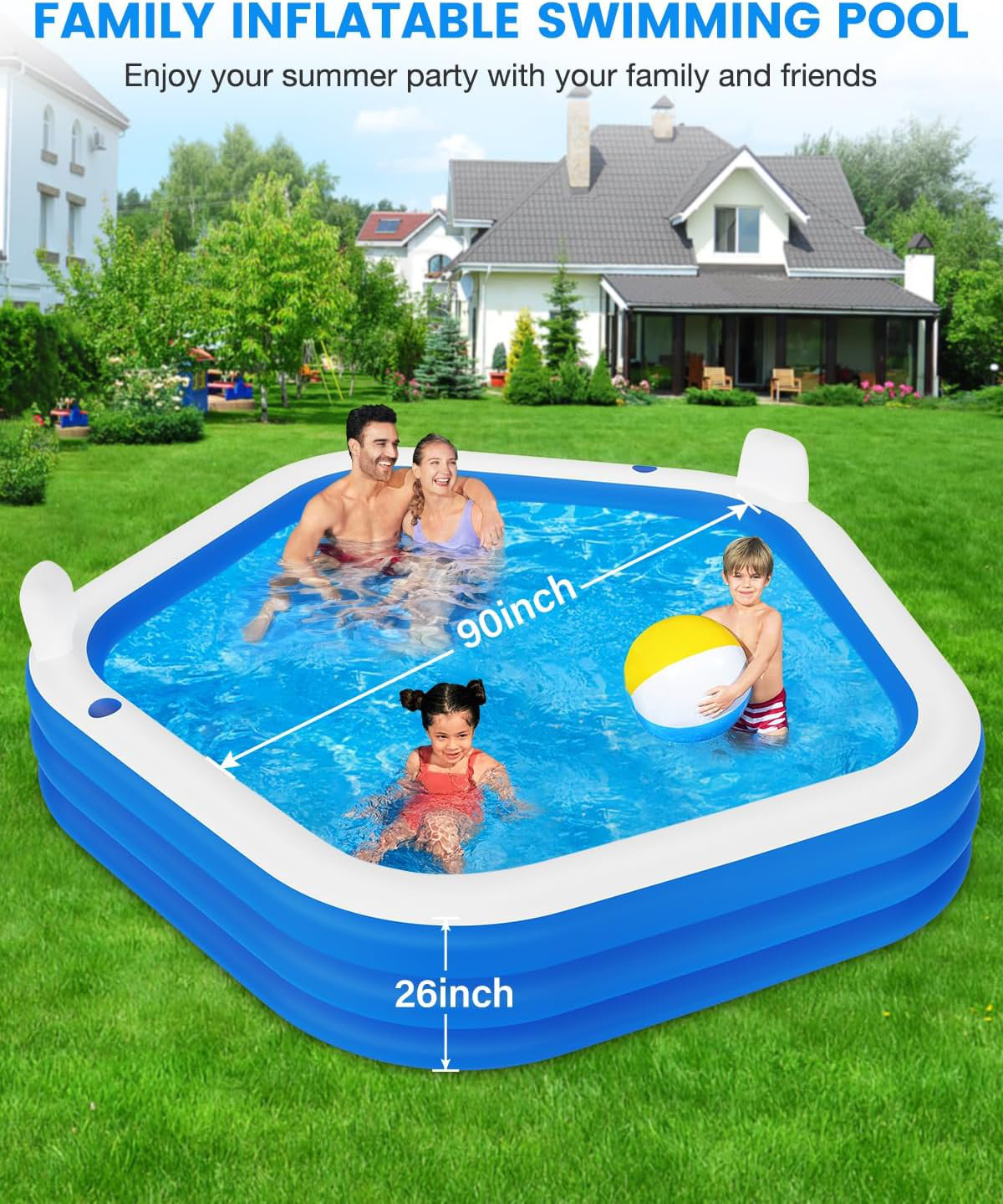 INSALER Inflatable Swimming Pool 90" X 90" X 26" Kiddie Pool With Pump ...