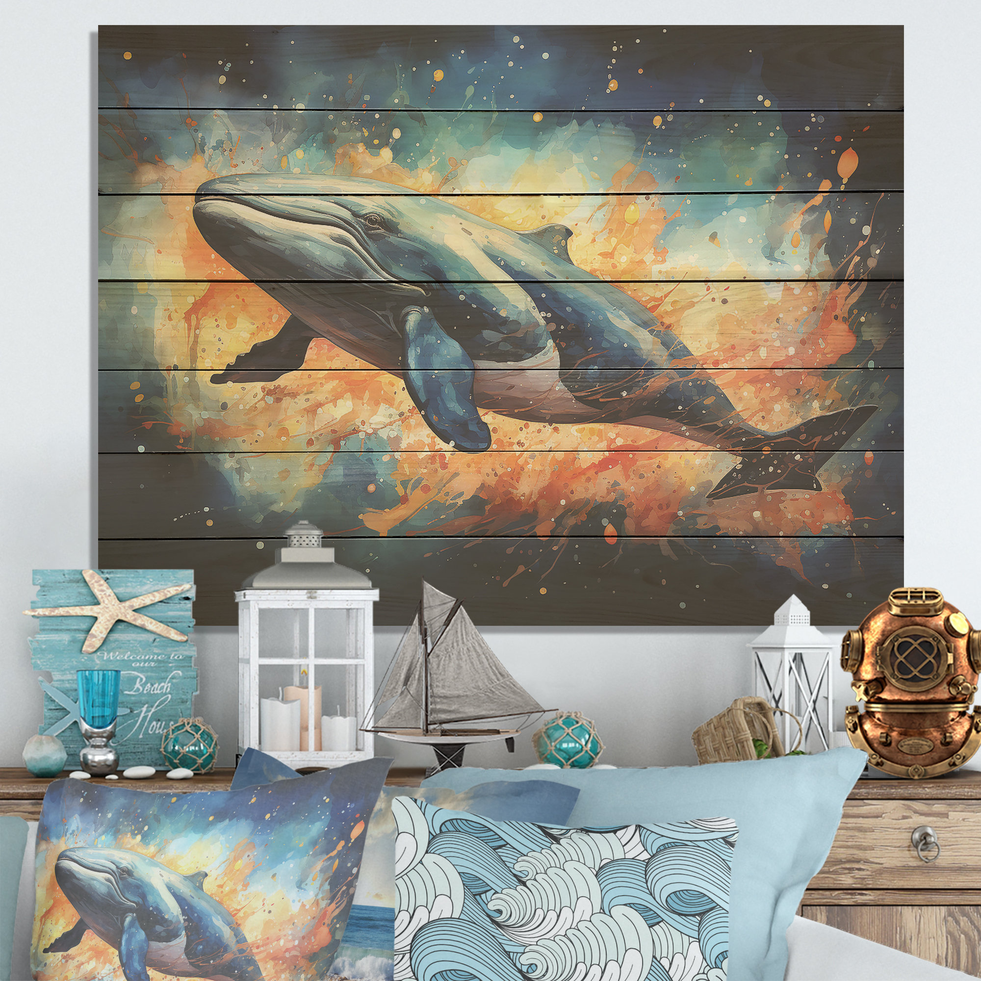 Highland Dunes Blue Majesty Whale In Watercolor - Whale Animal On Wood Print - Wayfair Canada