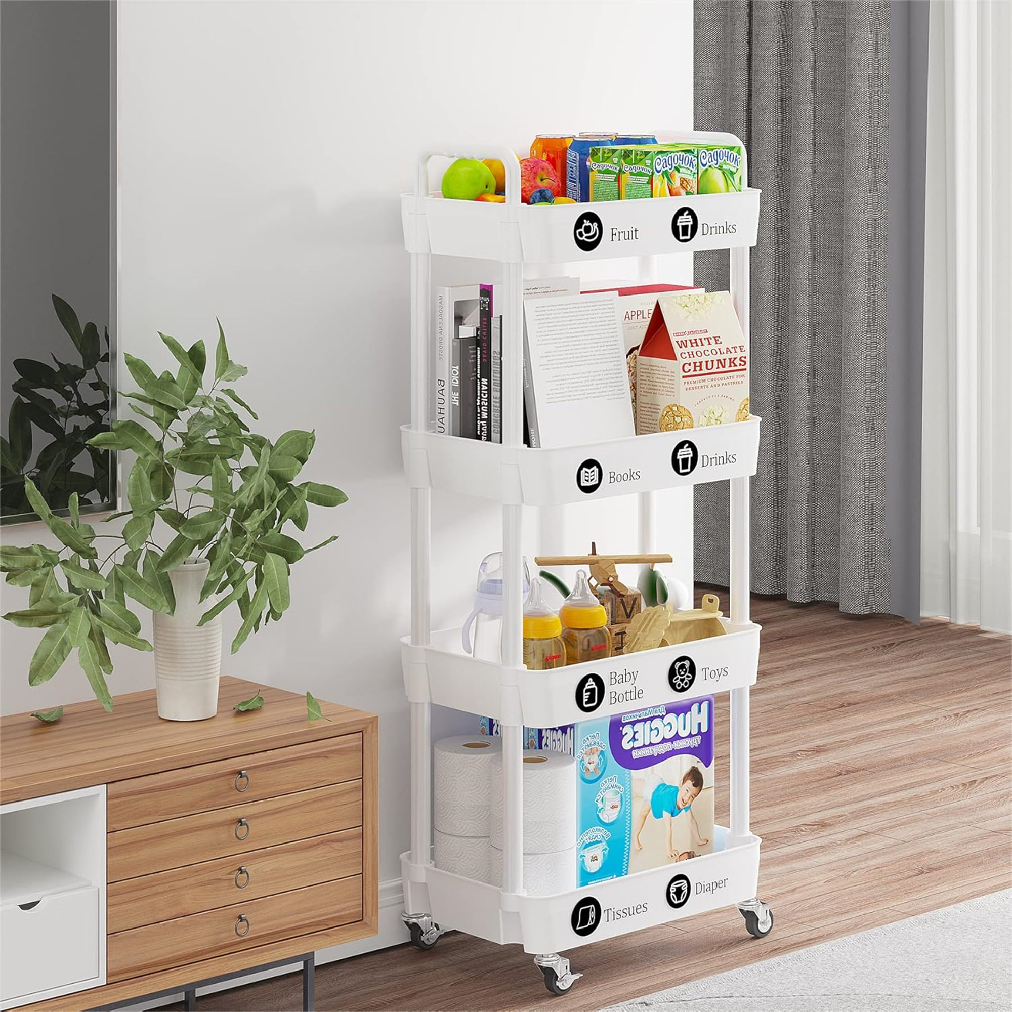 EXEBIL Storage Trolley 4 Tiers with Lockable Wheels, Kitchen Storage ...