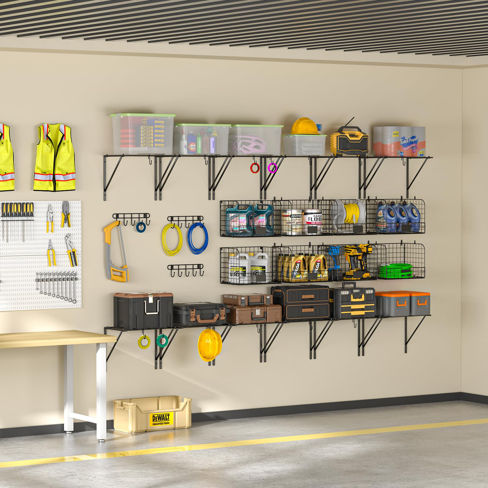 Rebrilliant Heavy Duty Wall-Mounted Garage Shelf With Baskets & Hooks ...