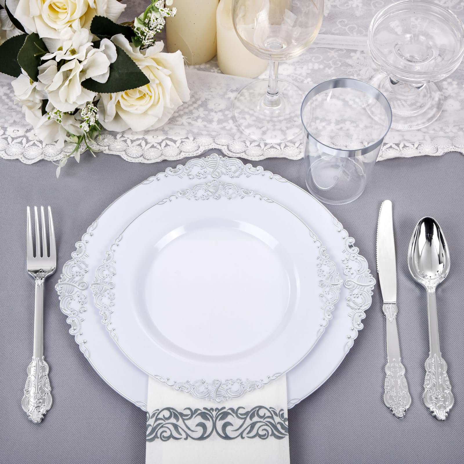MODERN WALLS LLC 350 Pieces Silver Plastic Cutlery - White And Silver ...