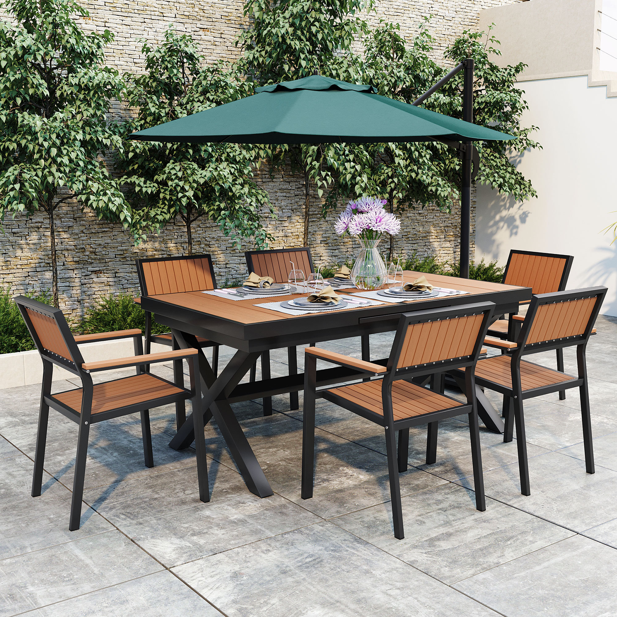 Ebern Designs FlexiDine Extendable Patio Dining Set With Six Chairs and ...
