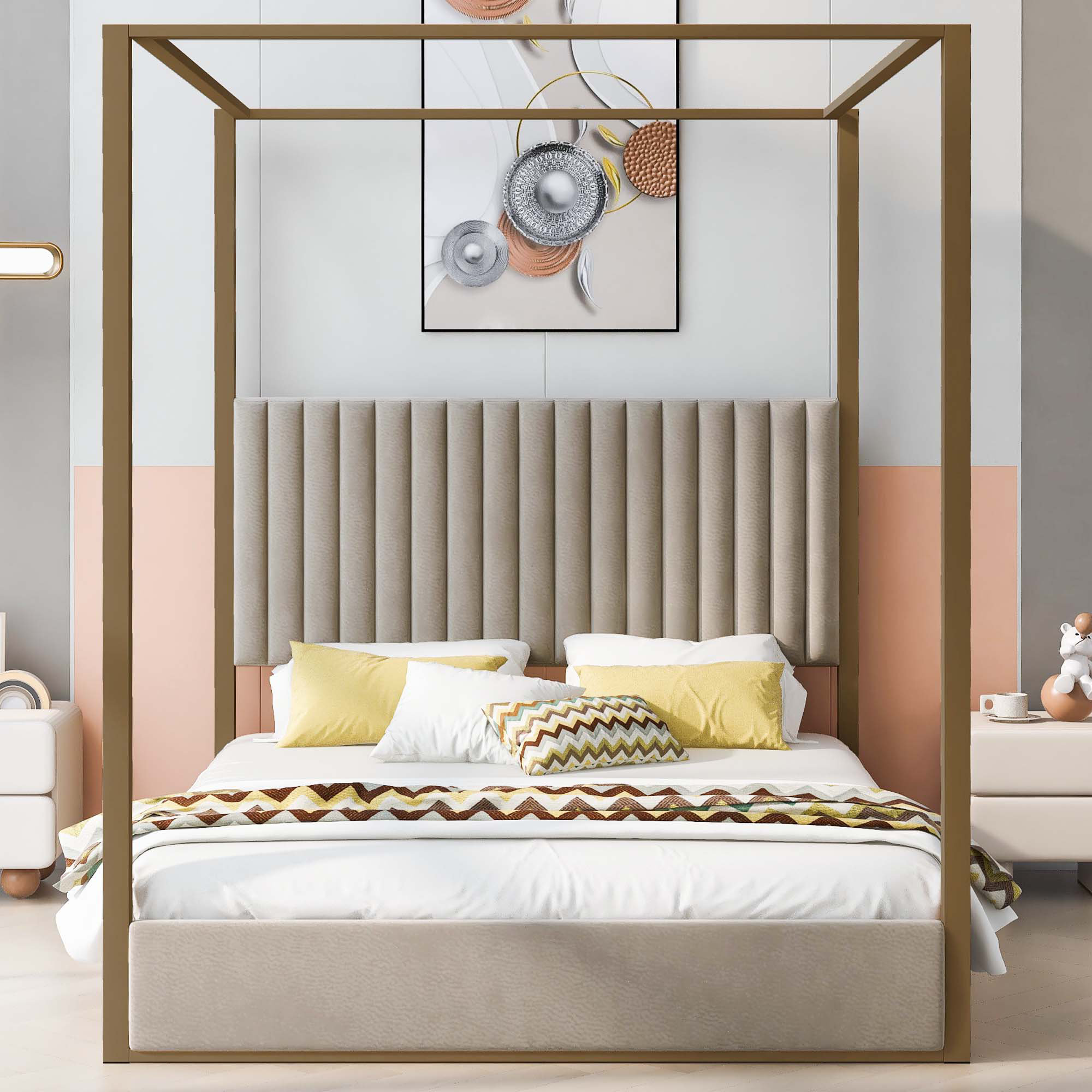 Mercer41 Upholstery Metal Frame Canopy Platform Bed With Headboard