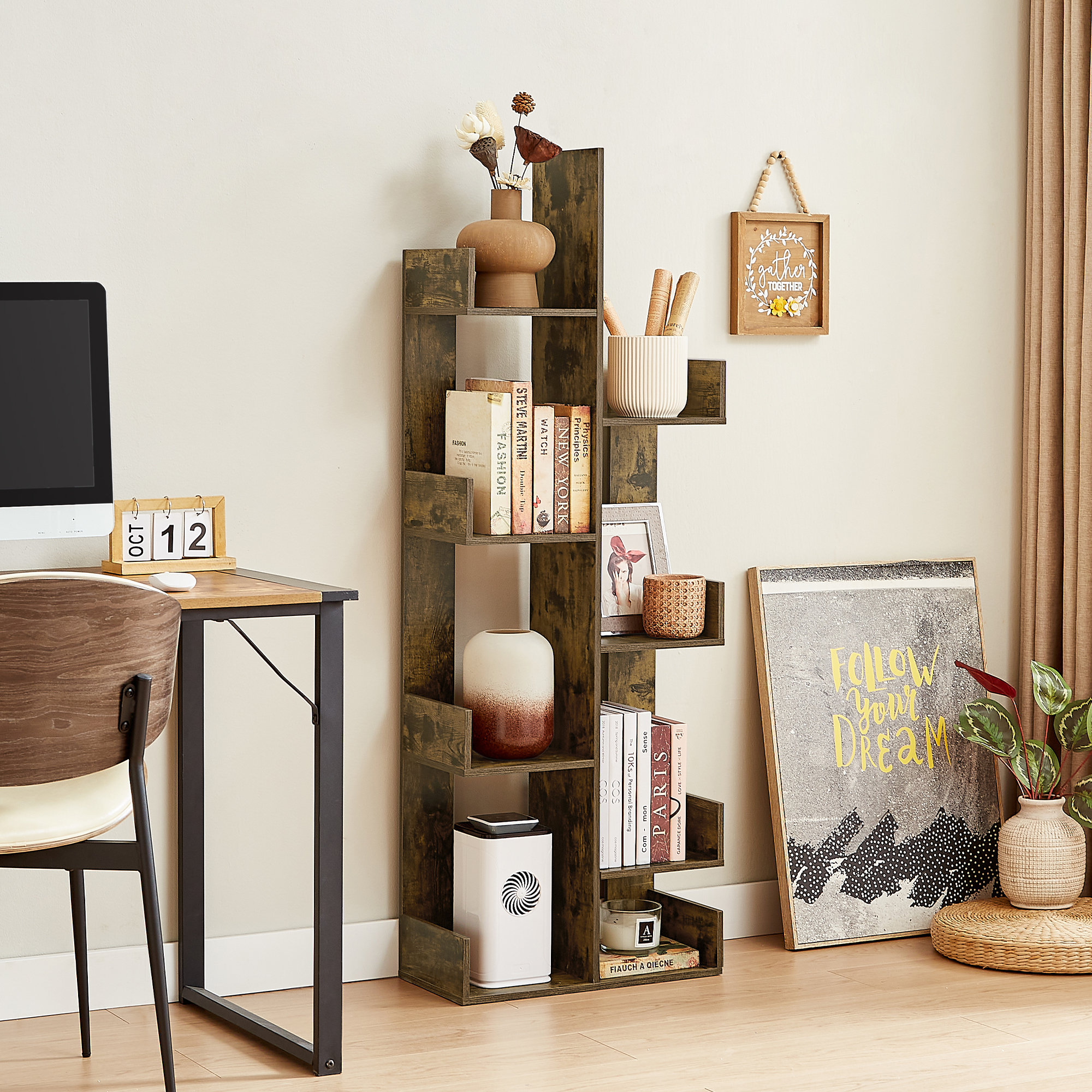 Ebern Designs Melgarejo Wooden Tree Bookcase Floor Standing Storage ...