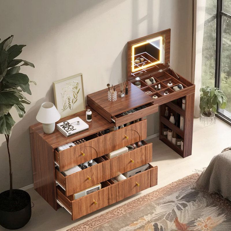 Hokku Designs Convertible L-Shaped Vanity Desk with Mirror and 3-Color ...