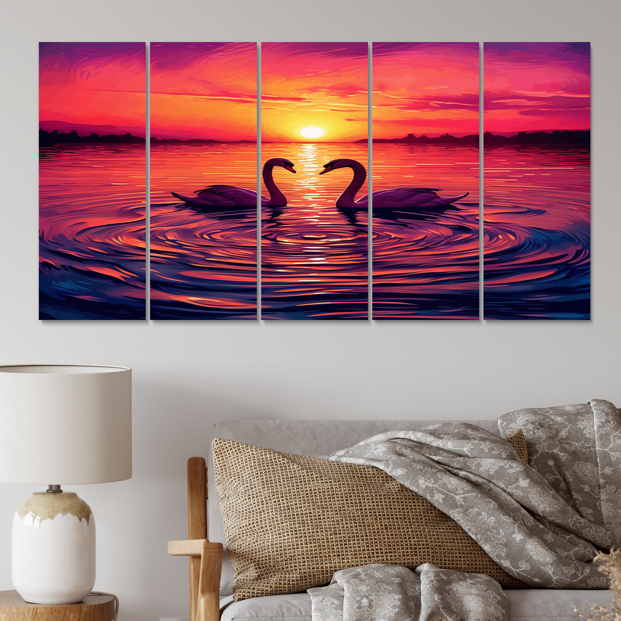 Latitude Run® Swans In Love Romantic Sunset I - Animals Swans Wall ...