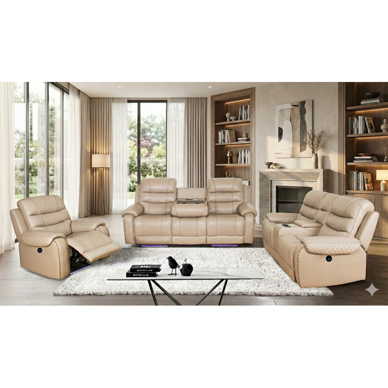 Ebern Designs Rome - 3 Piece Top Grain Leather Power Reclining Living ...