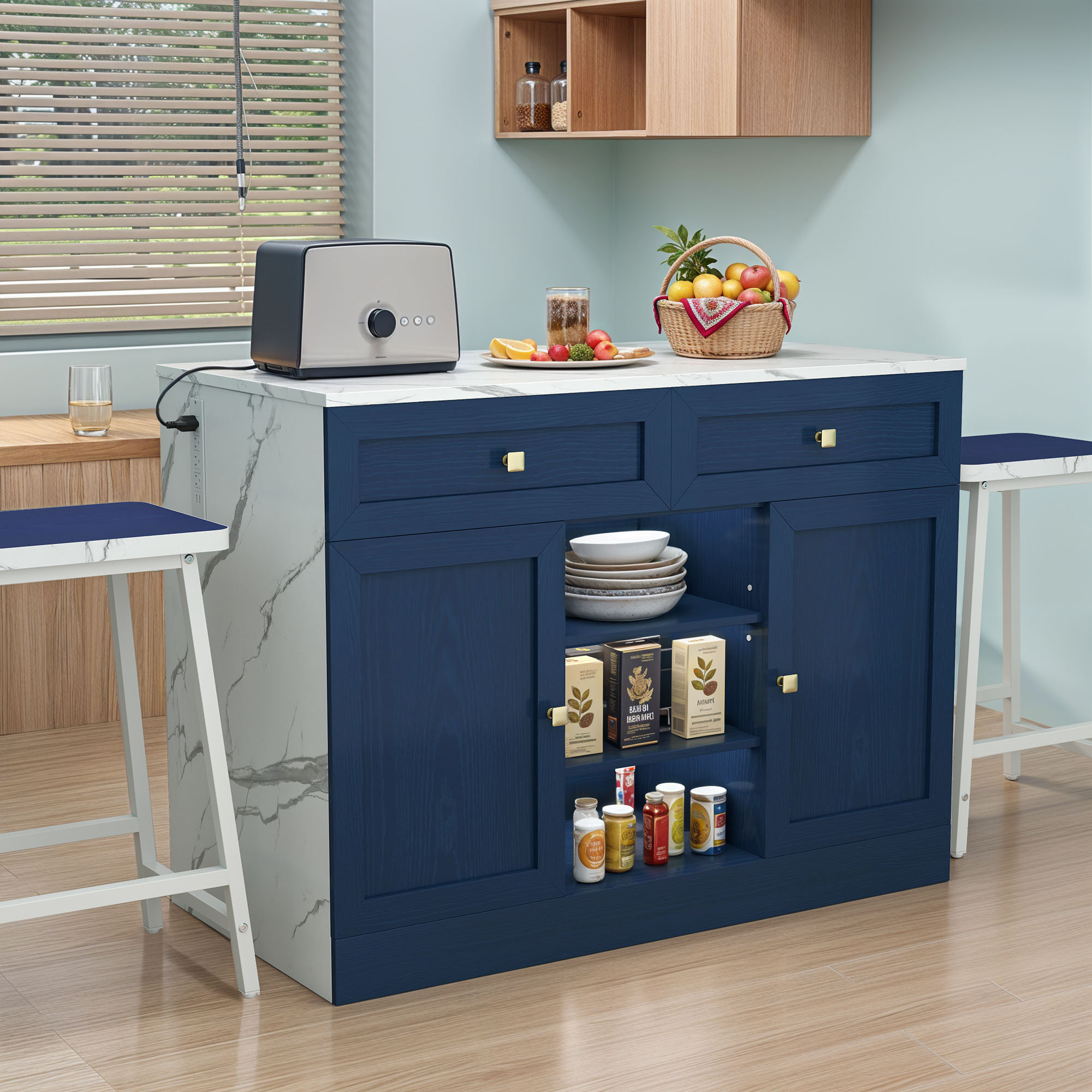 Wrought Studio™ Portable Kitchen Island Kitchen Table with 2 Bar Stools ...