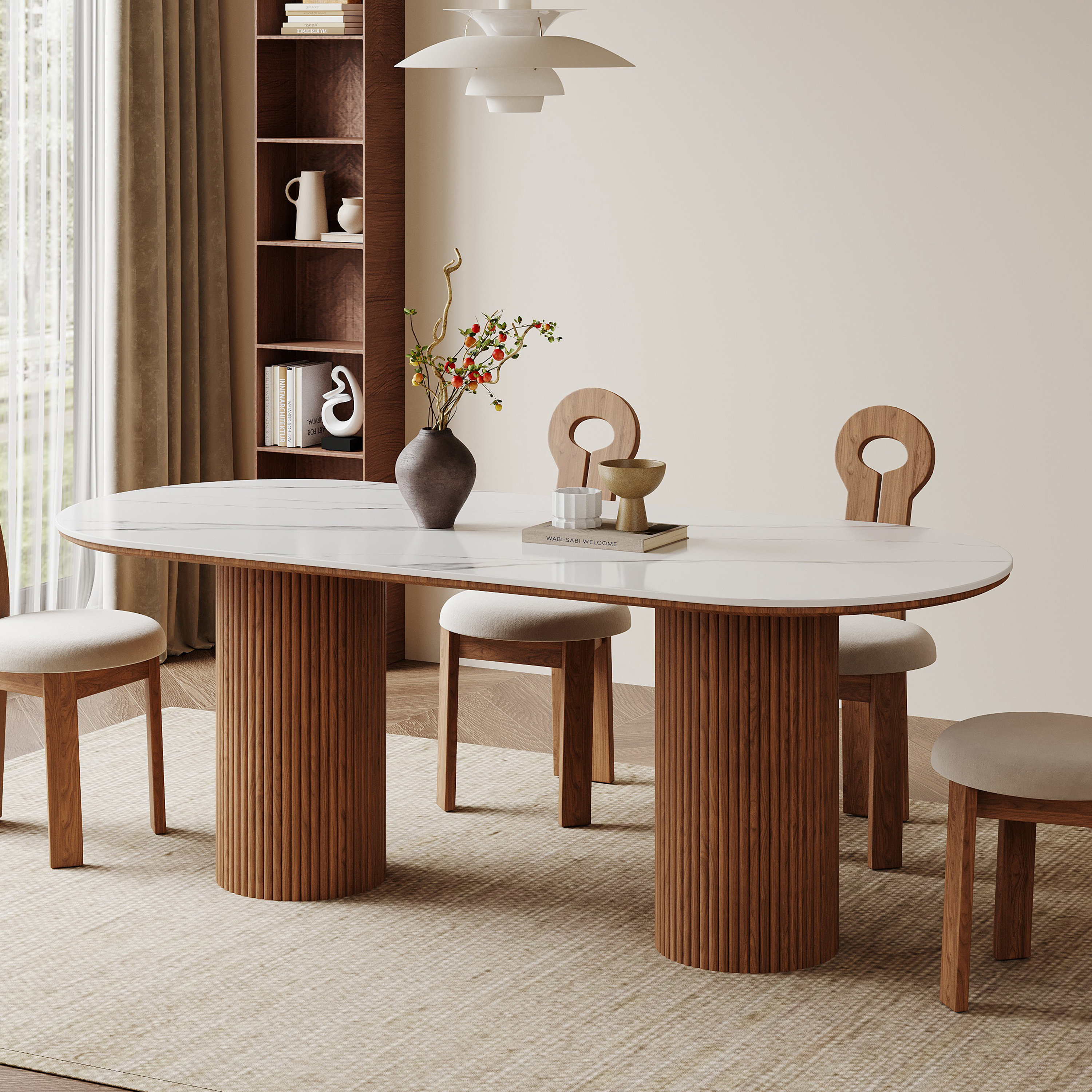 Wrought Studio™ 70.8” Stone Top Solid Wood Base Oval Modern Dining ...