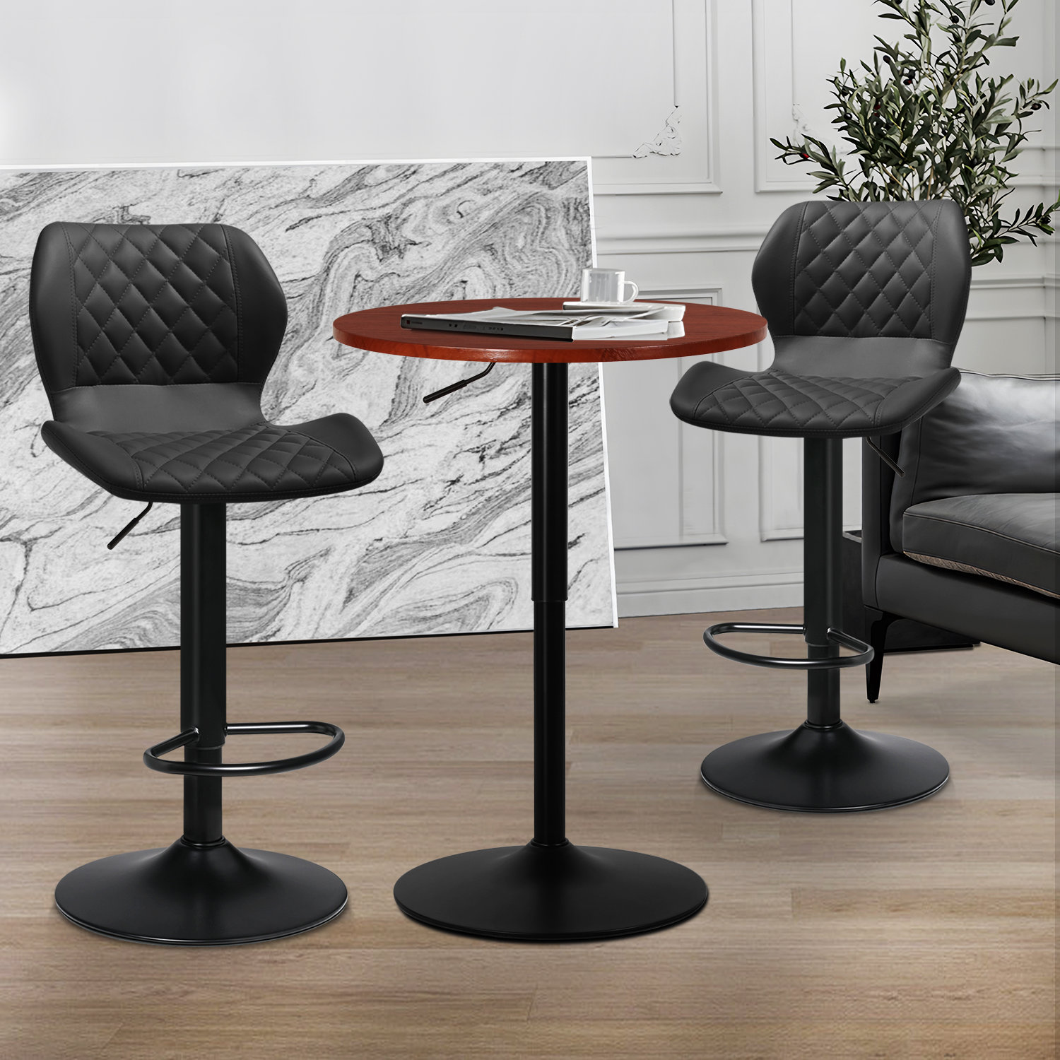 Ebern Designs Moaid 3 Piece Height-adjustable Pub Table and Leathered Pedestal Bar Stool Dining ...