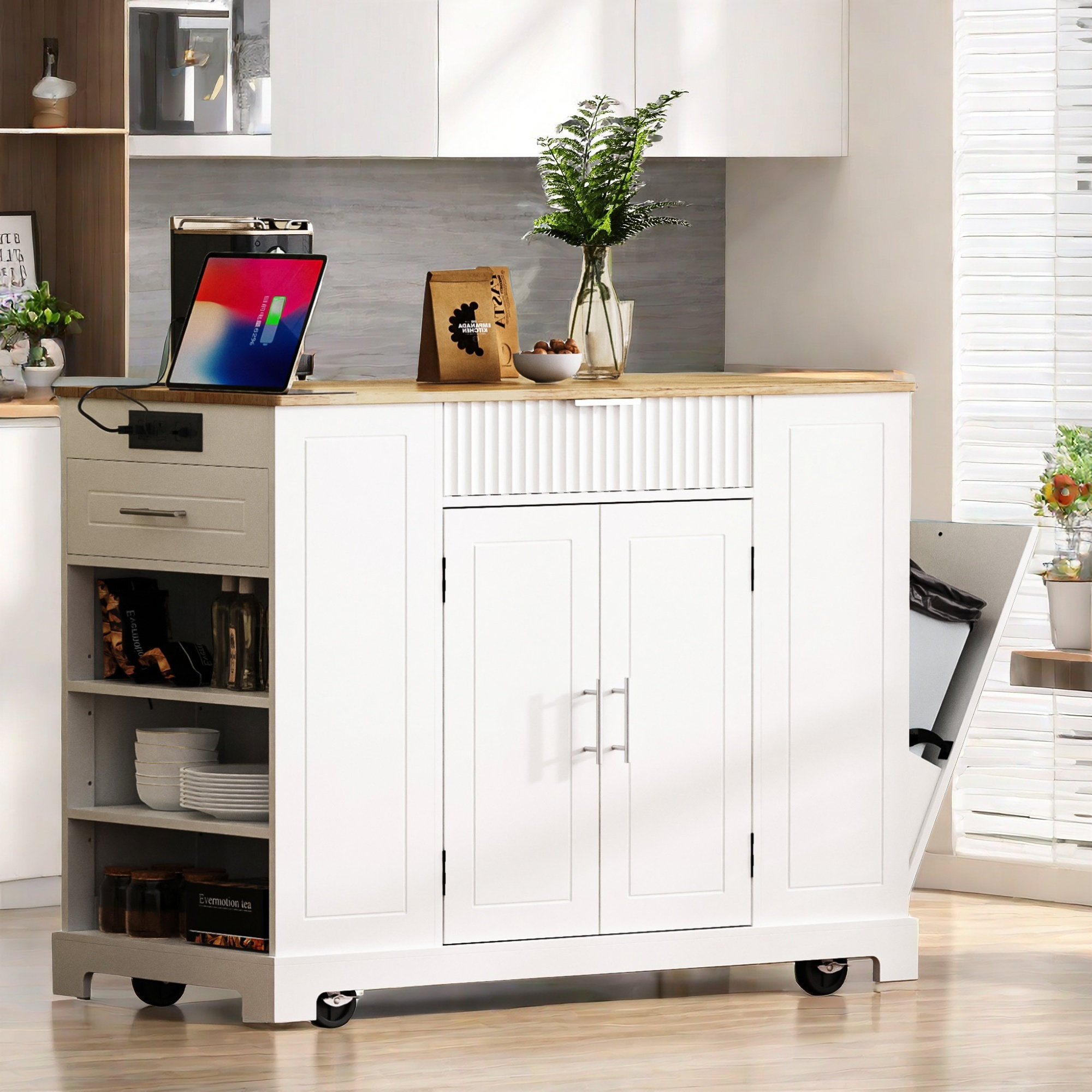 Lark Manor Fluted Kitchen Island With Tilt-out Trash Can, Power Outlet ...