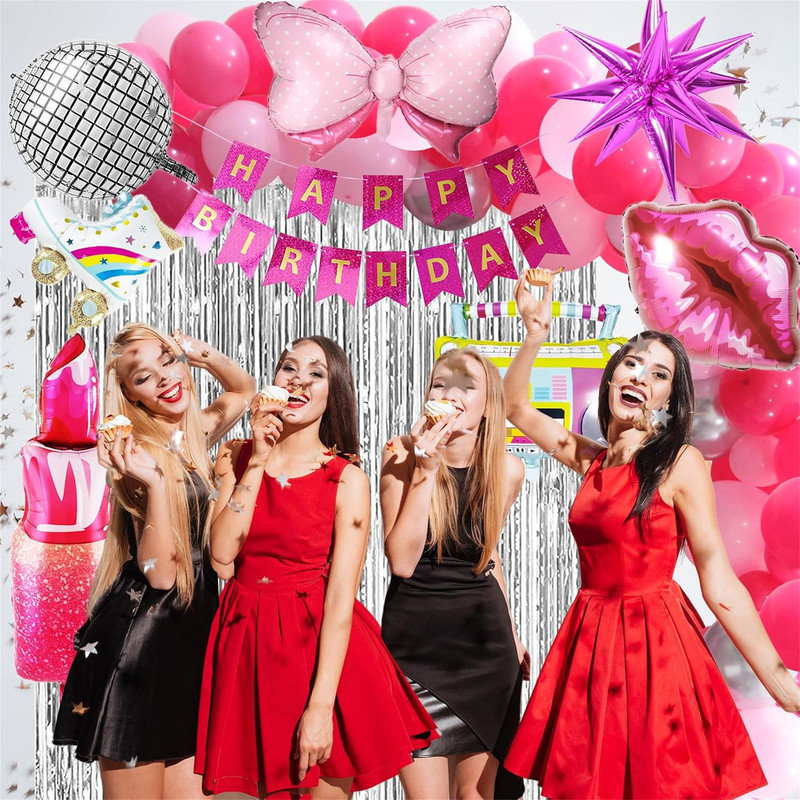 The Party Aisle™ Hot Pink Birthday Decorations 2 Foil Curtains Happy Birthday Banner Wayfair