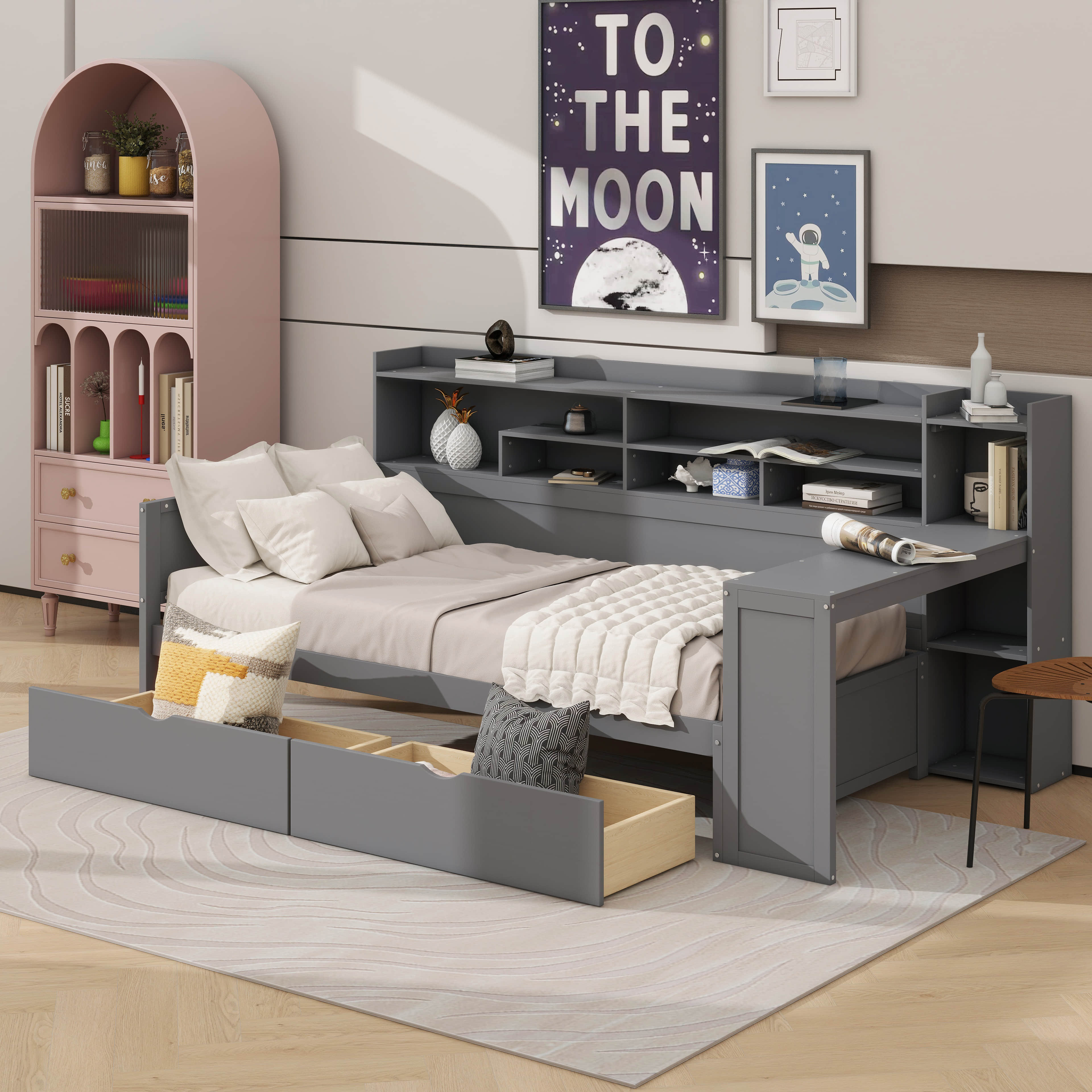 Latitude Run® Wooden Daybed Incorporating Built-In Storage Shelves, Bed ...