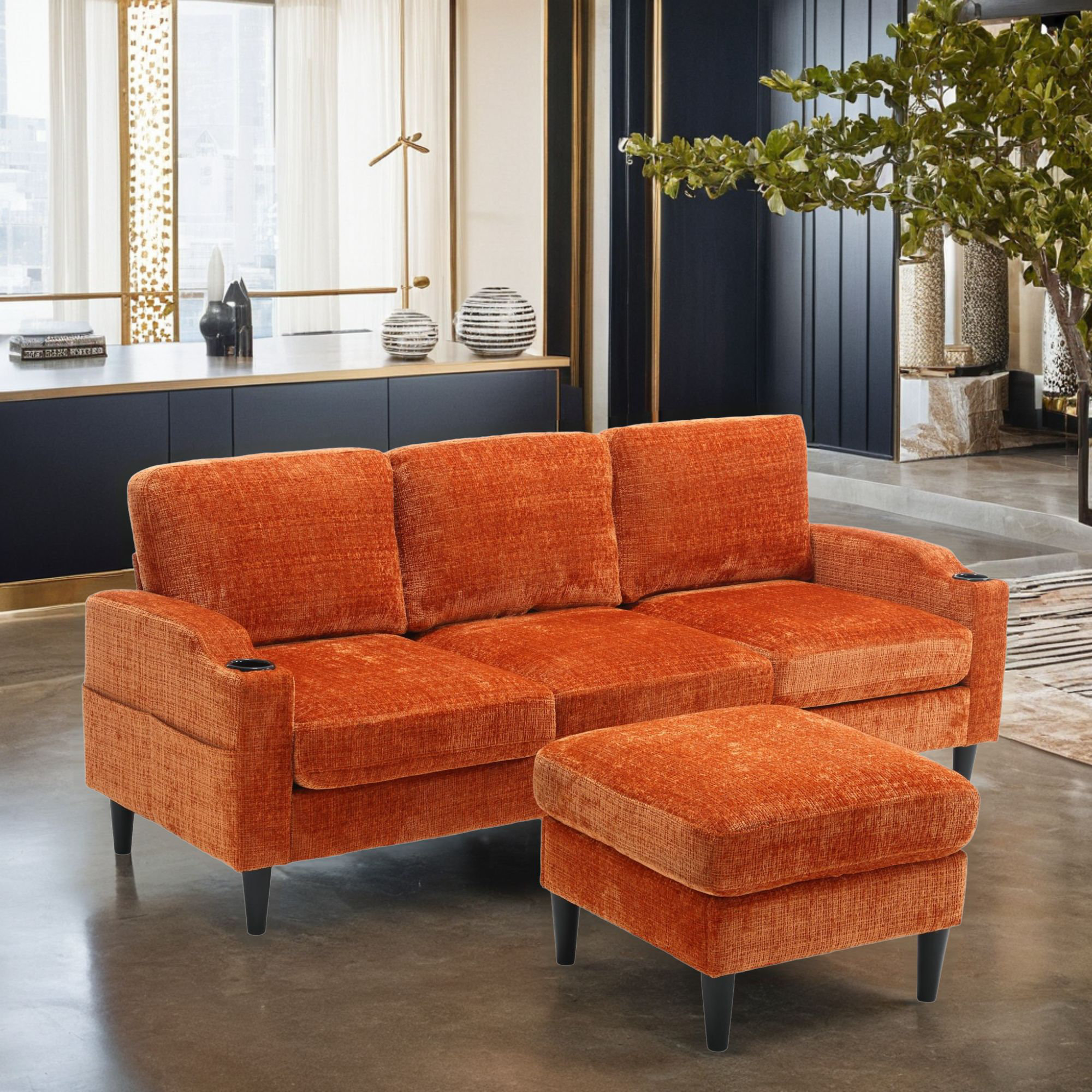 George Oliver 3 - Seater Solid Wood Frame Sofa, With Side Pocket, 2 Cup ...