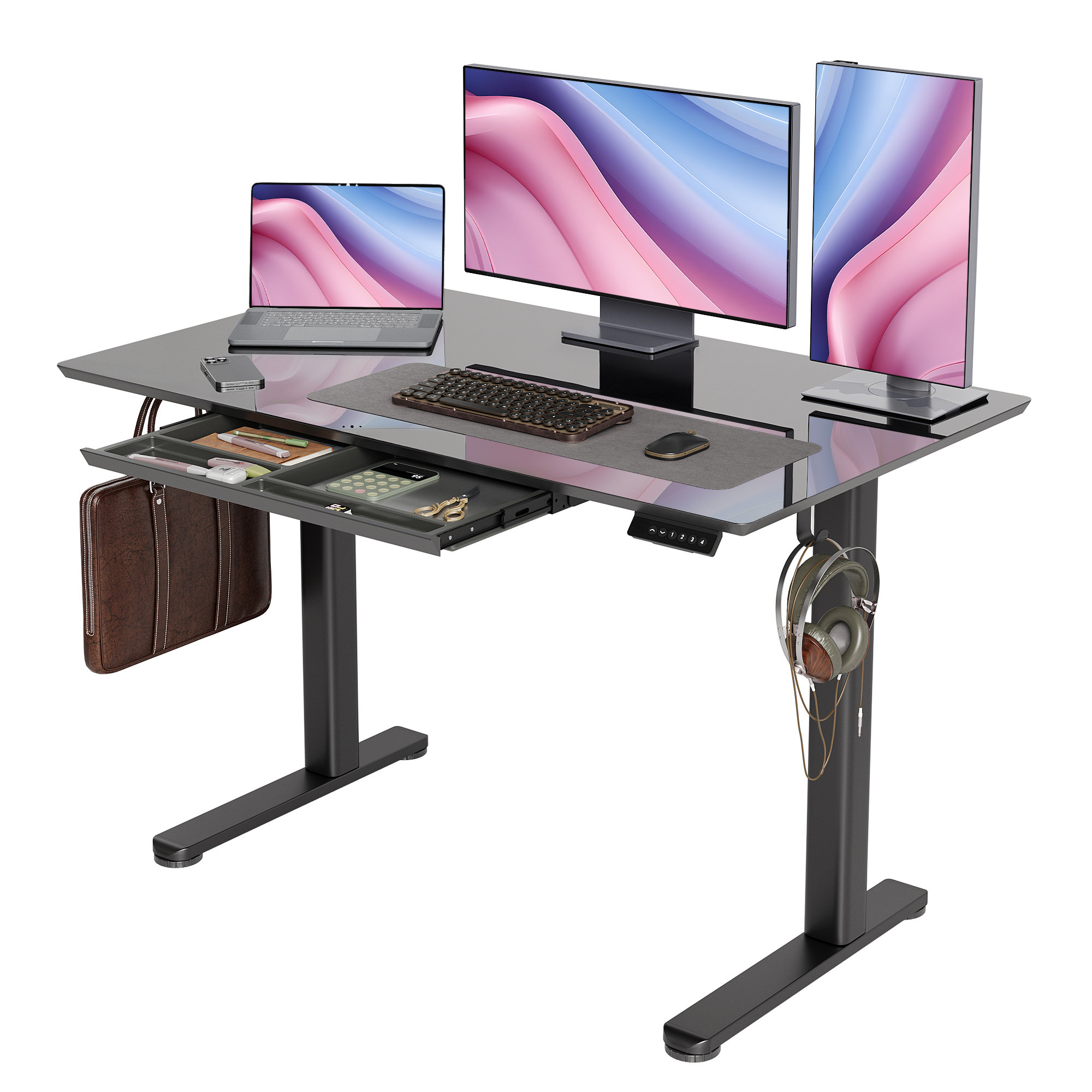 Ebern Designs Ashya Ergonomic Glass Top Height Adjustable Standing Desk ...
