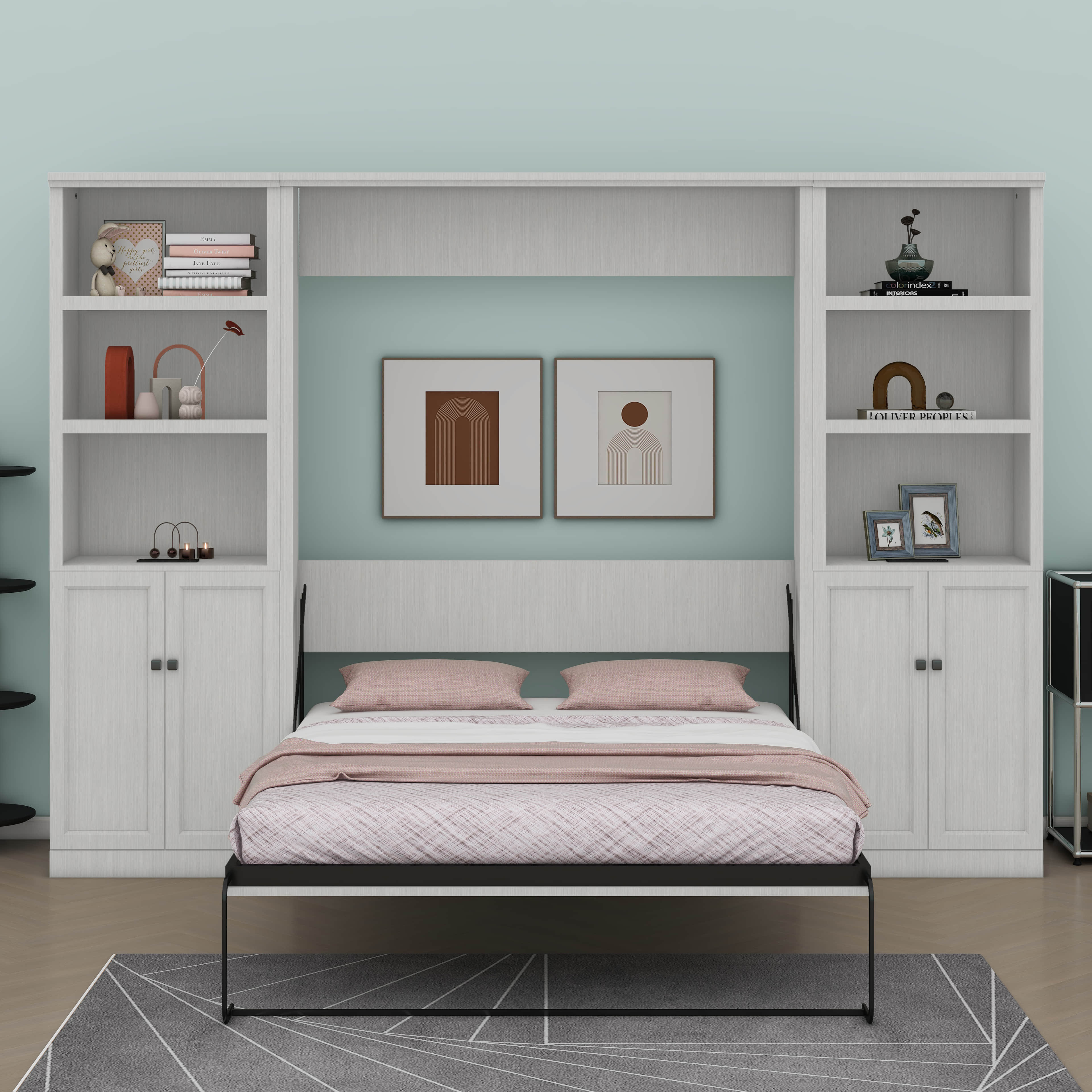 QSG Full Size Half Self-Close And Open Murphy Bed With 2 Side Cabinet Storage Shelf | Wayfair