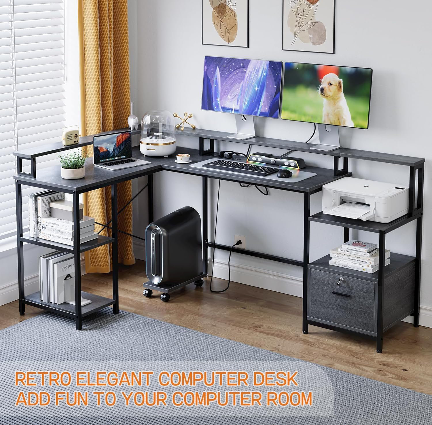 Inbox Zero L Shaped Desk 76 Inch, Corner Desk with Storage, File Drawer ...