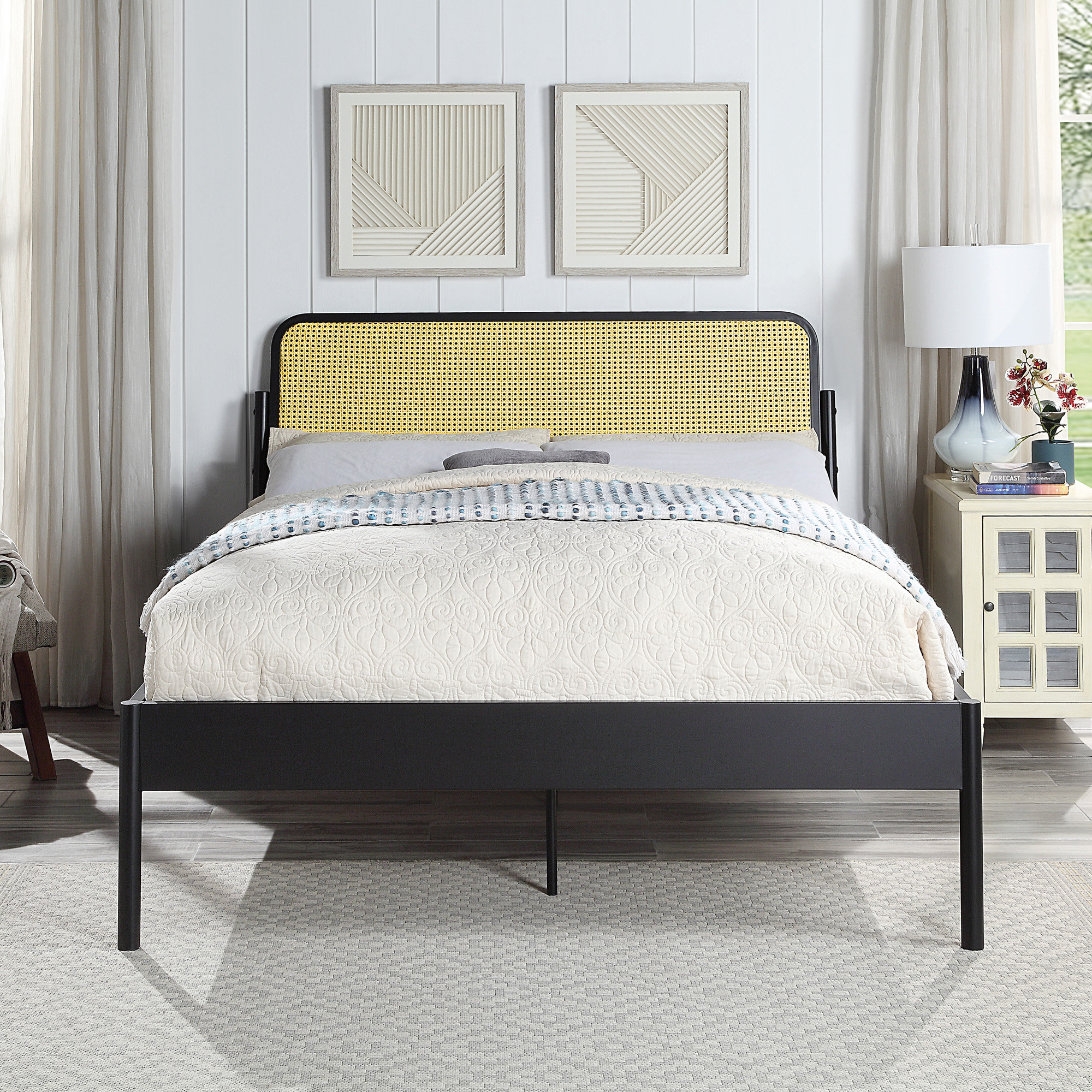 17 Stories Alishea Black Metal Rattan Headboard Double Bed Frame ...