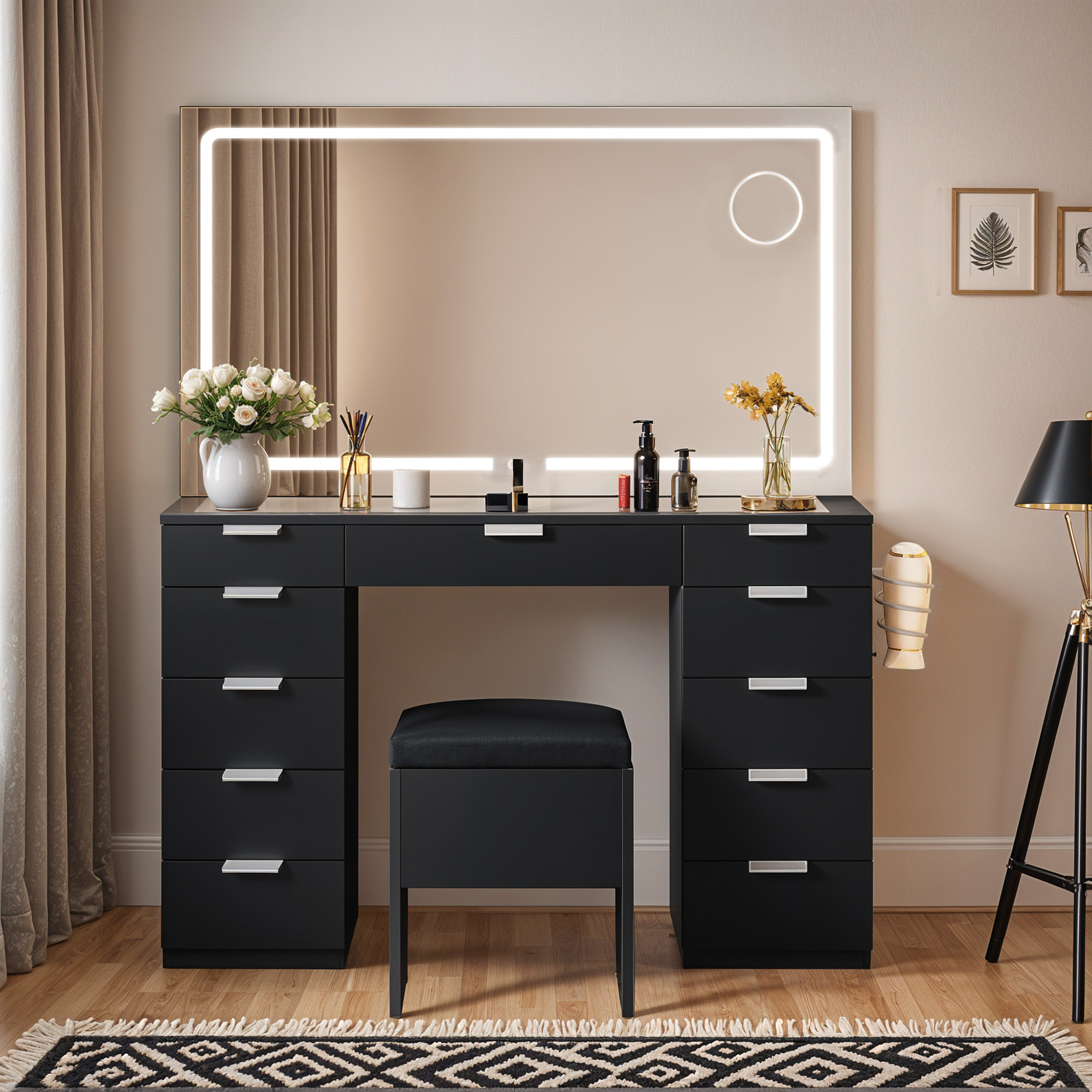 Latitude Run® Modern Vanity Desk Set with LED Mirror, Tempered Glass ...