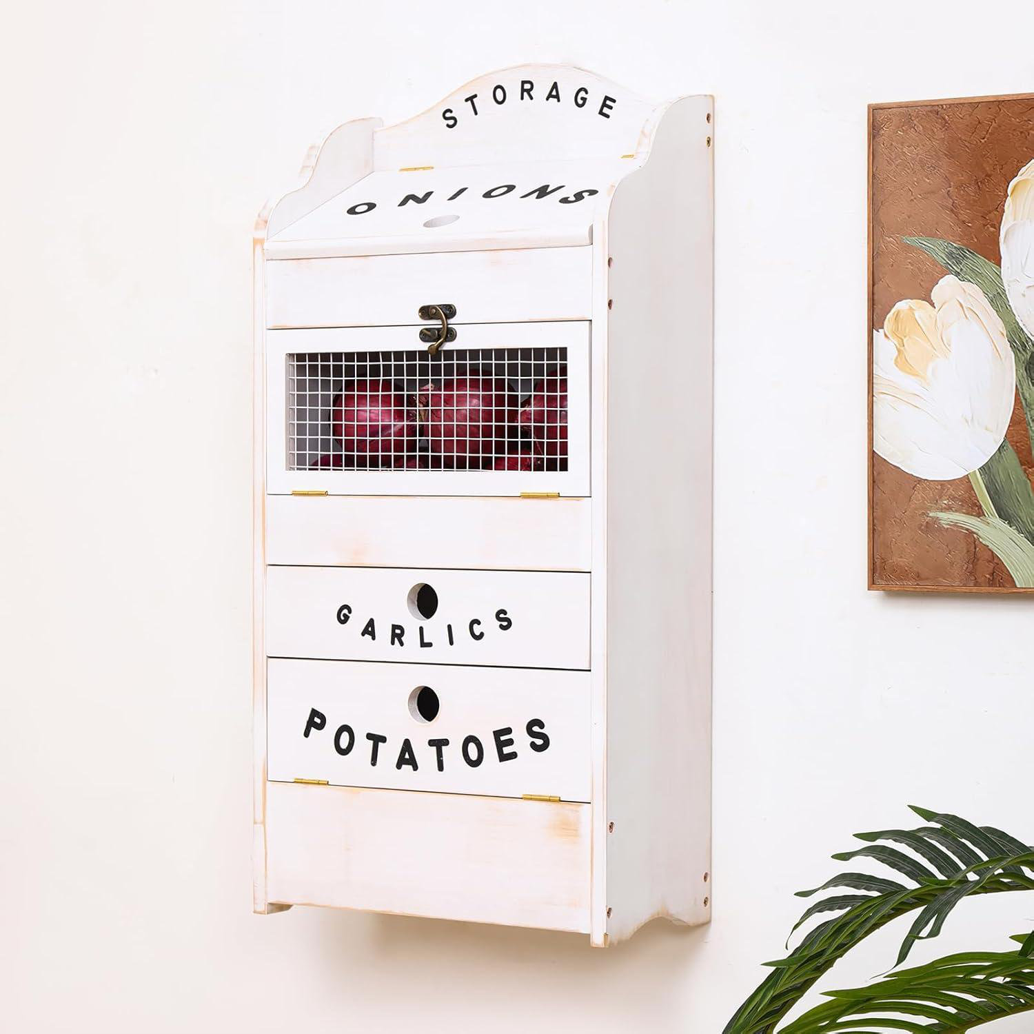 CHUANGWENYI Pine Wood Veggie Bin For Potato, Onion And 1 Garlic Drawer ...