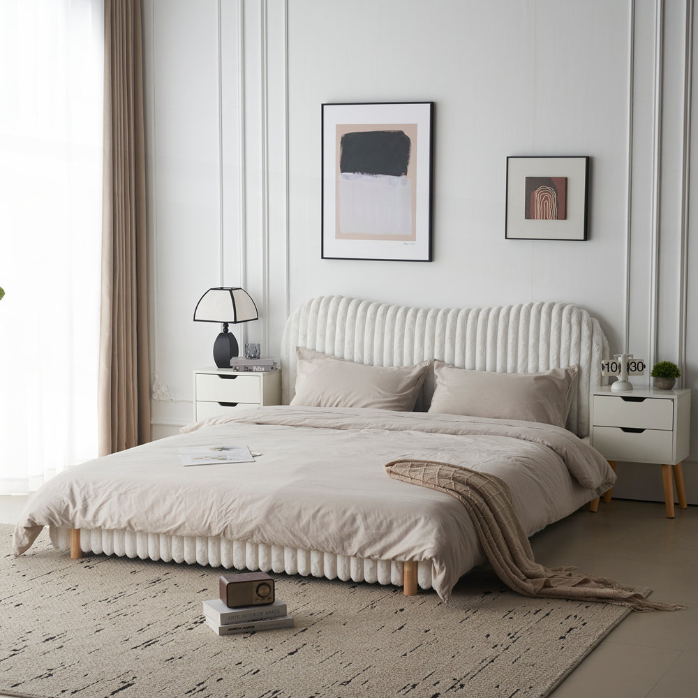 Latitude Run® Luxurious Boucle Fabric Bed with Curved Headboard and ...