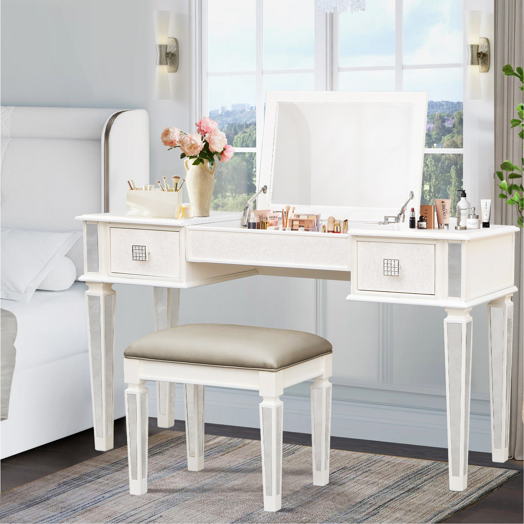 Mercer41 Mirrored Vanities Desk With Drawers, Bedroom Makeup Vanity ...
