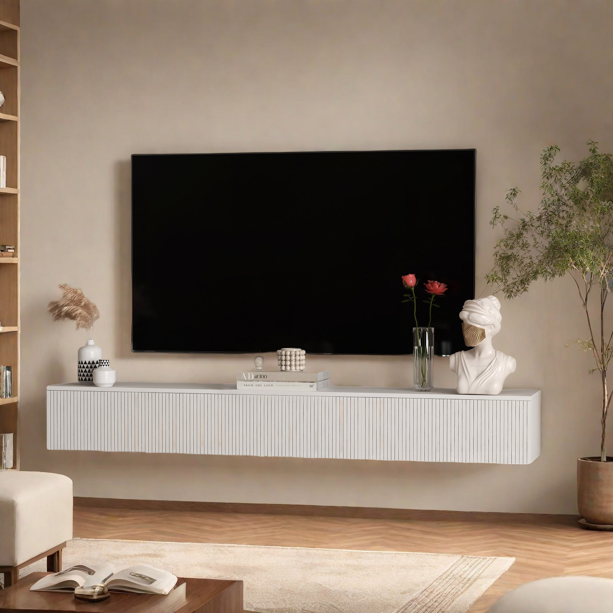 Ebern Designs Floating Fluted Panel Tv Stand For 75 Inch Tv, Led ...